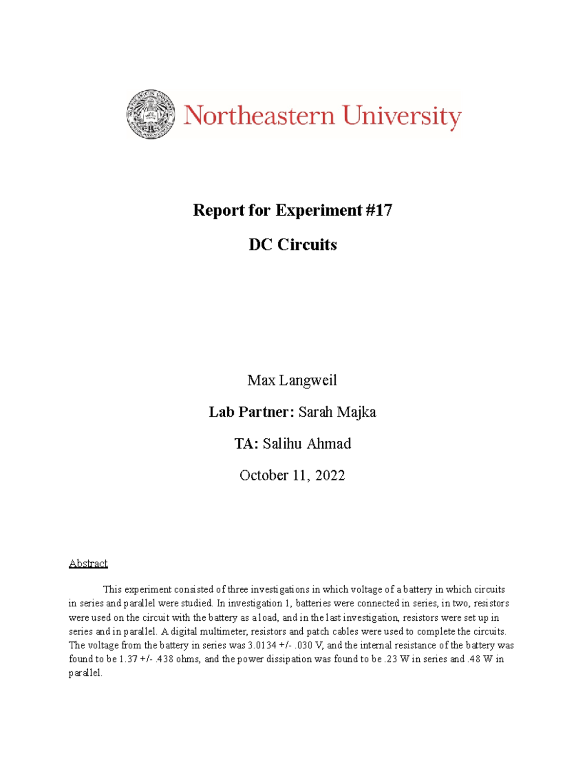 Lab report experiment 17 - Google Docs - Report for Experiment DC Circuits Max Langweil Lab ...