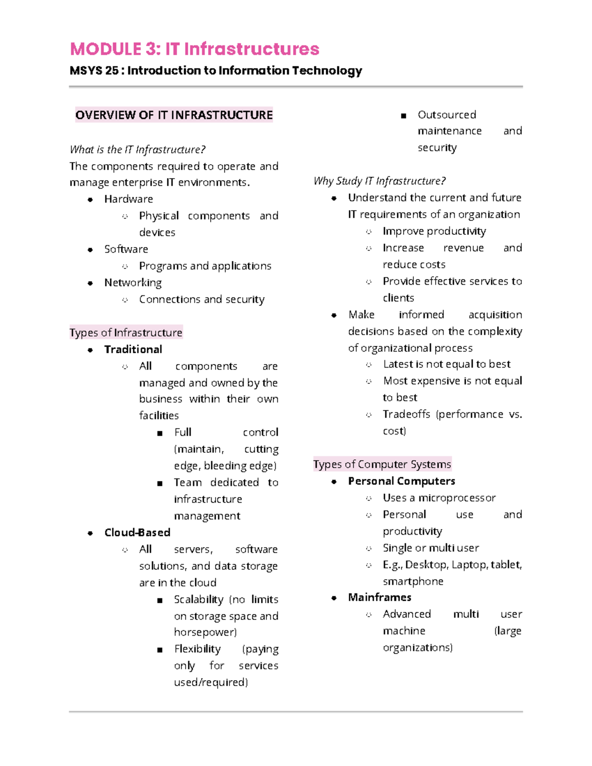 MSYS 25 Module 3 - MSYS 25 : Introduction to Information Technology OVERVIEW OF IT ...