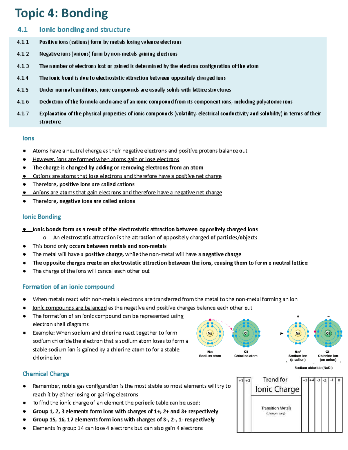 4 - notes - Topic 4: Bonding 4 Ionic bonding and structure 4.1 Positive ...