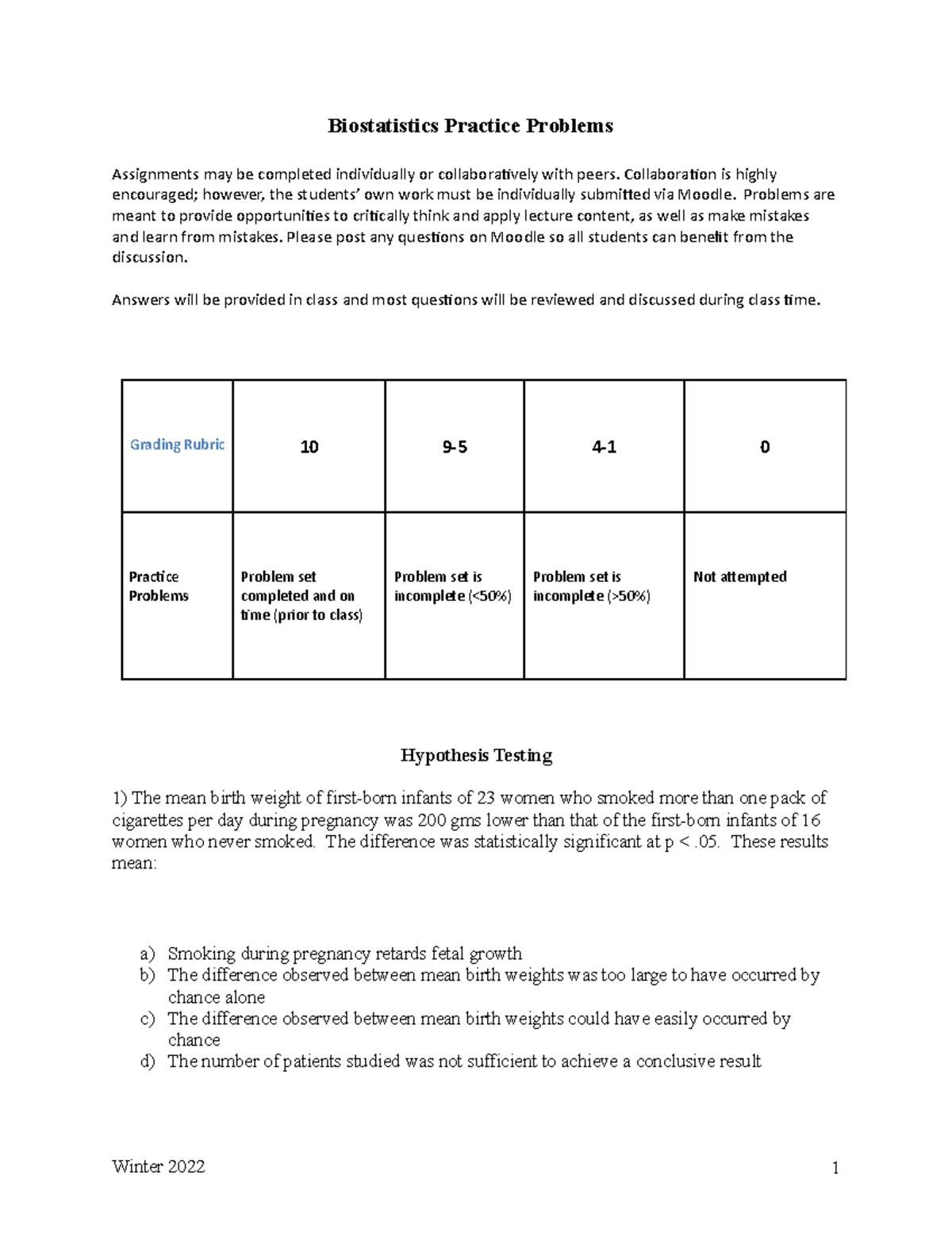 Practice Problems 2 (2023) - Biostatistics Practice Problems ...