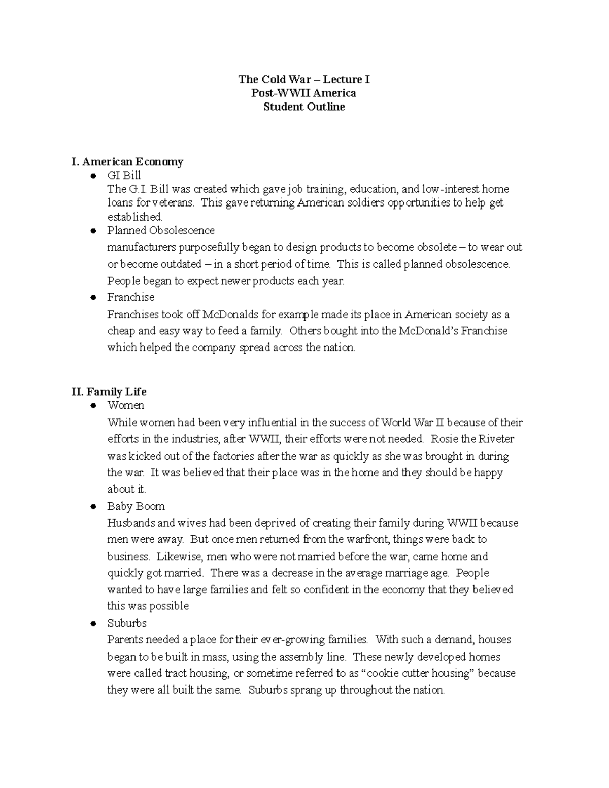 Lecture I Postwar America - Student Outline - The Cold War – Lecture I ...