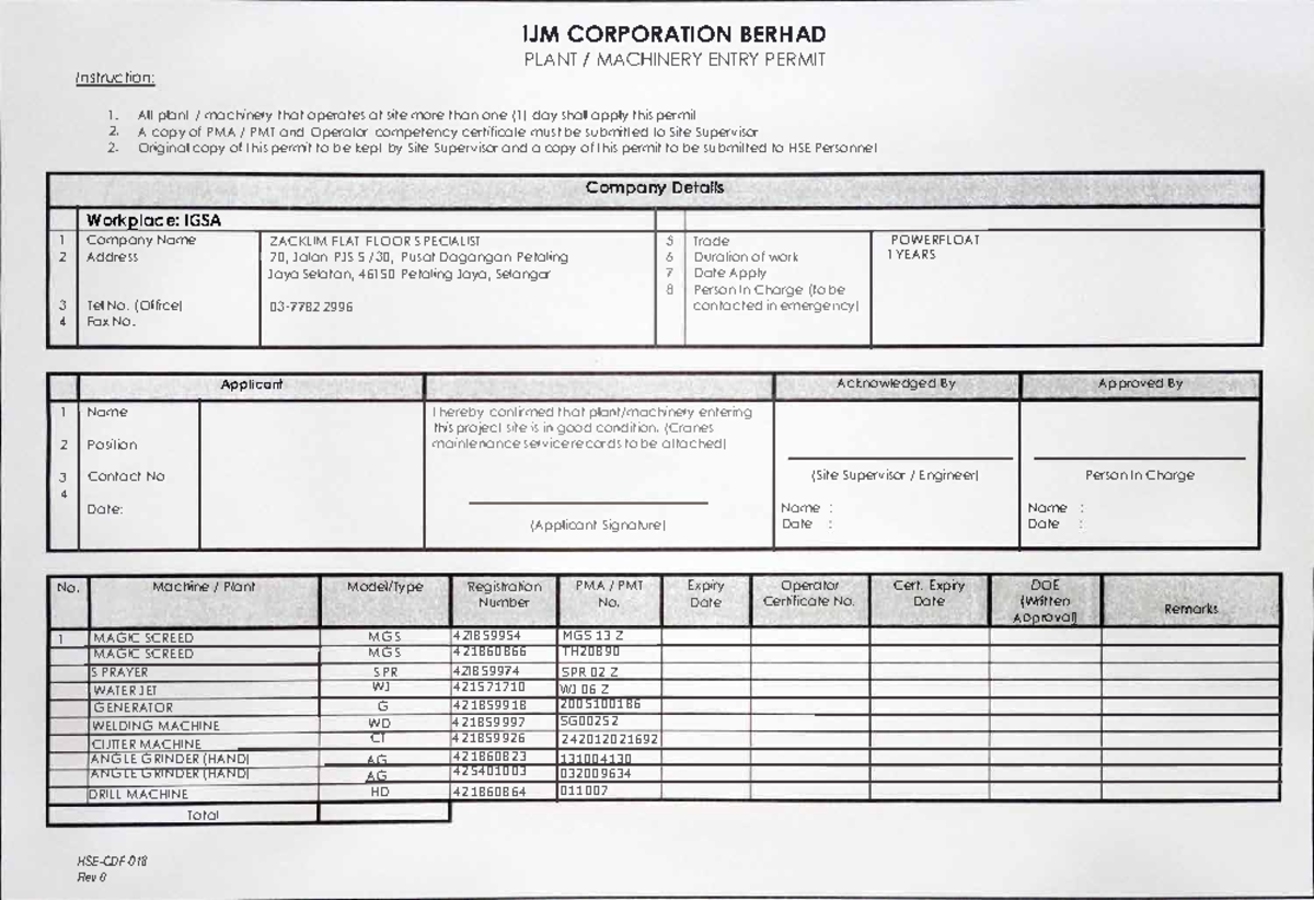 Machine Entry Others - 1 2 3 4 1 2 3 4 Instruction: IJM CORPORATION ...