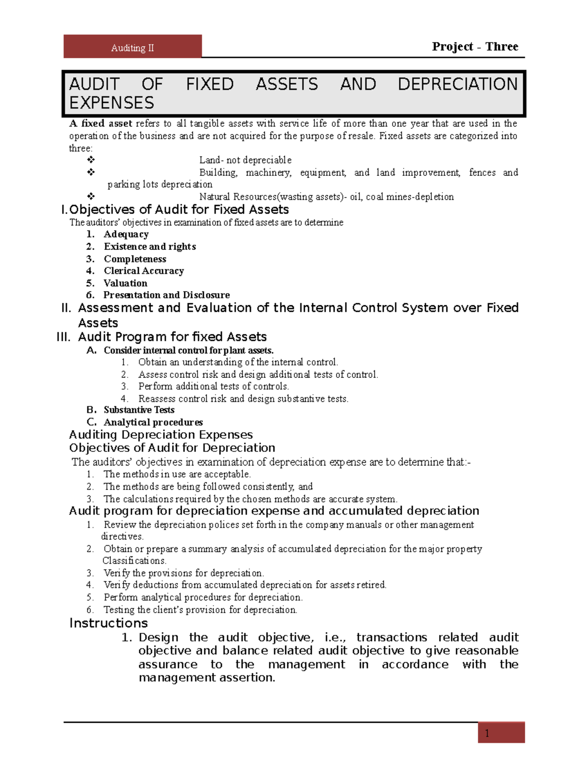 Audit OF Fixed Assets AND Depreciation Expenses - Auditing II Project ...