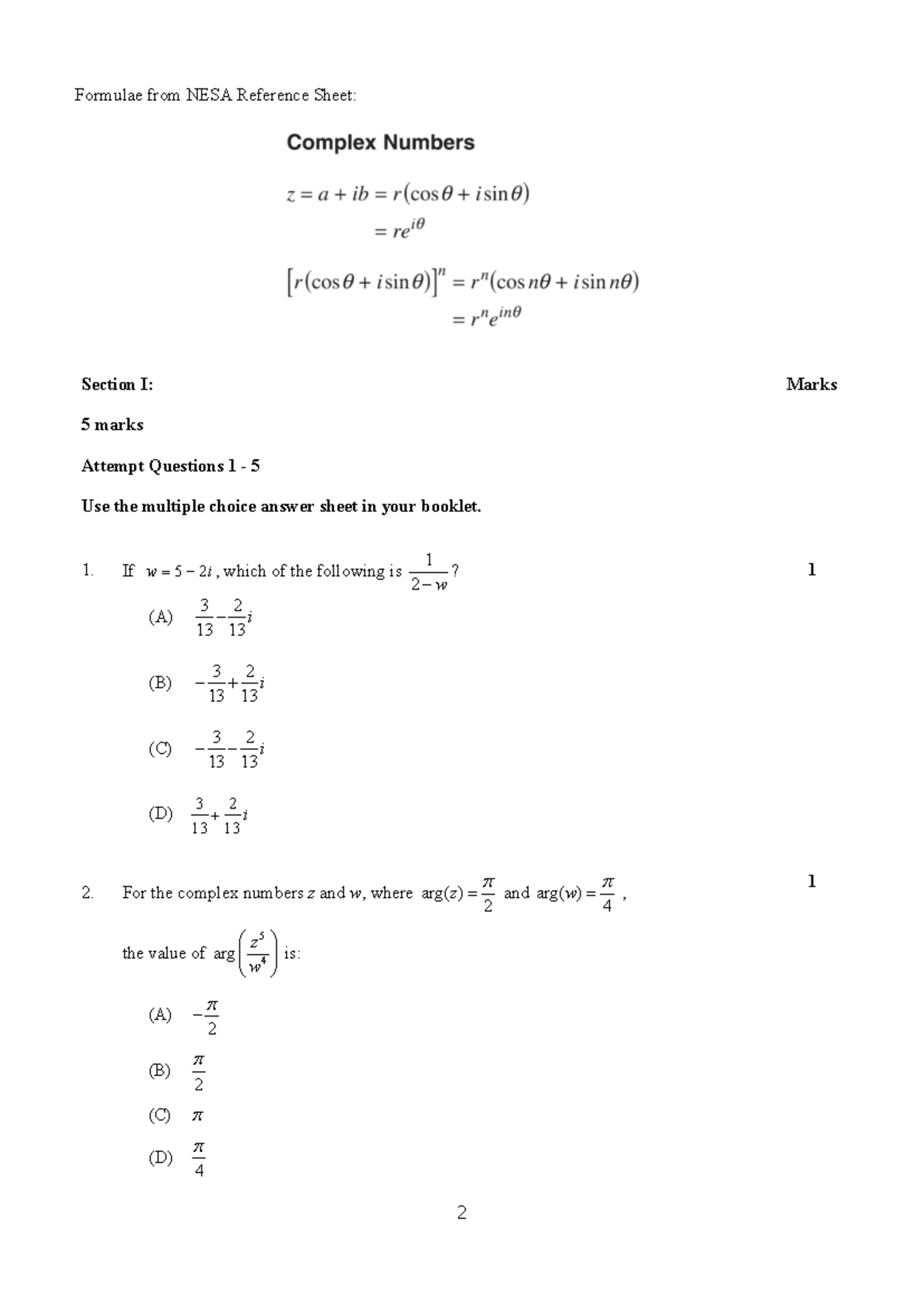 Paper 1 - sigma - Formulae from NESA Reference Sheet: Section I: 5 ...