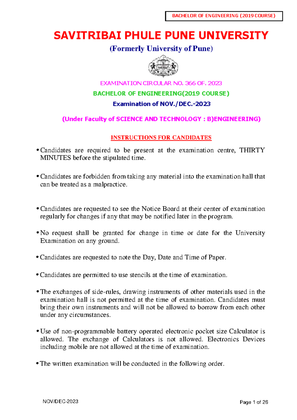 B.E. 2019 Pattern Endsem EXAM Timetable FOR NOV.DEC. 2023 - SAVITRIBAI ...