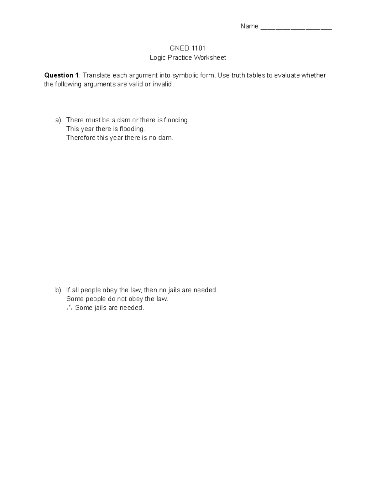 Logic Practice Worksheet - Name:___________________ GNED 1101 Logic ...