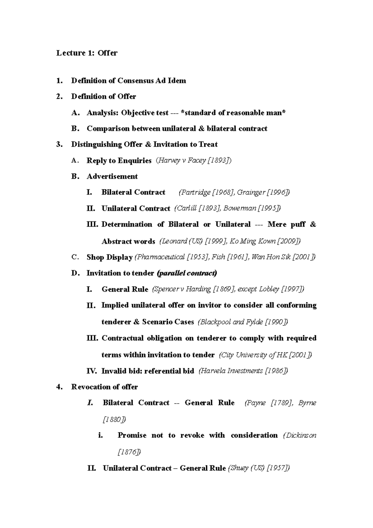 Lecture 1 Offer - Lecture 1: Offer 1. Definition of Consensus Ad Idem 2 ...