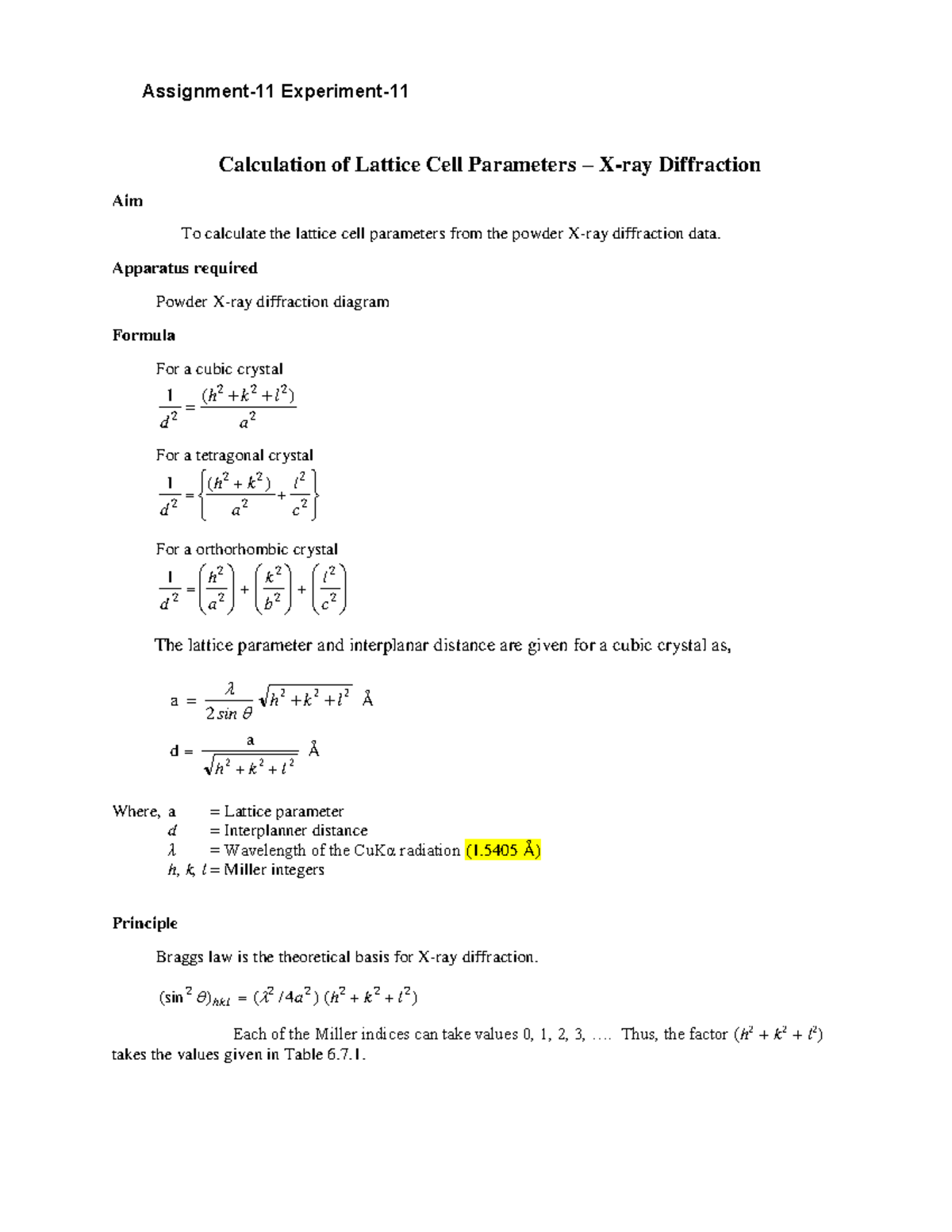 Material 2 - Assignment-12 Experiment- 12 Calculation of Lattice Cell ...