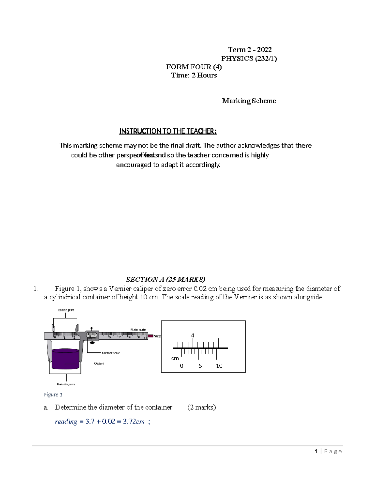 Physics F4 P1 MS - good - Term 2 - 2022 PHYSICS (232/1) FORM FOUR (4 ...