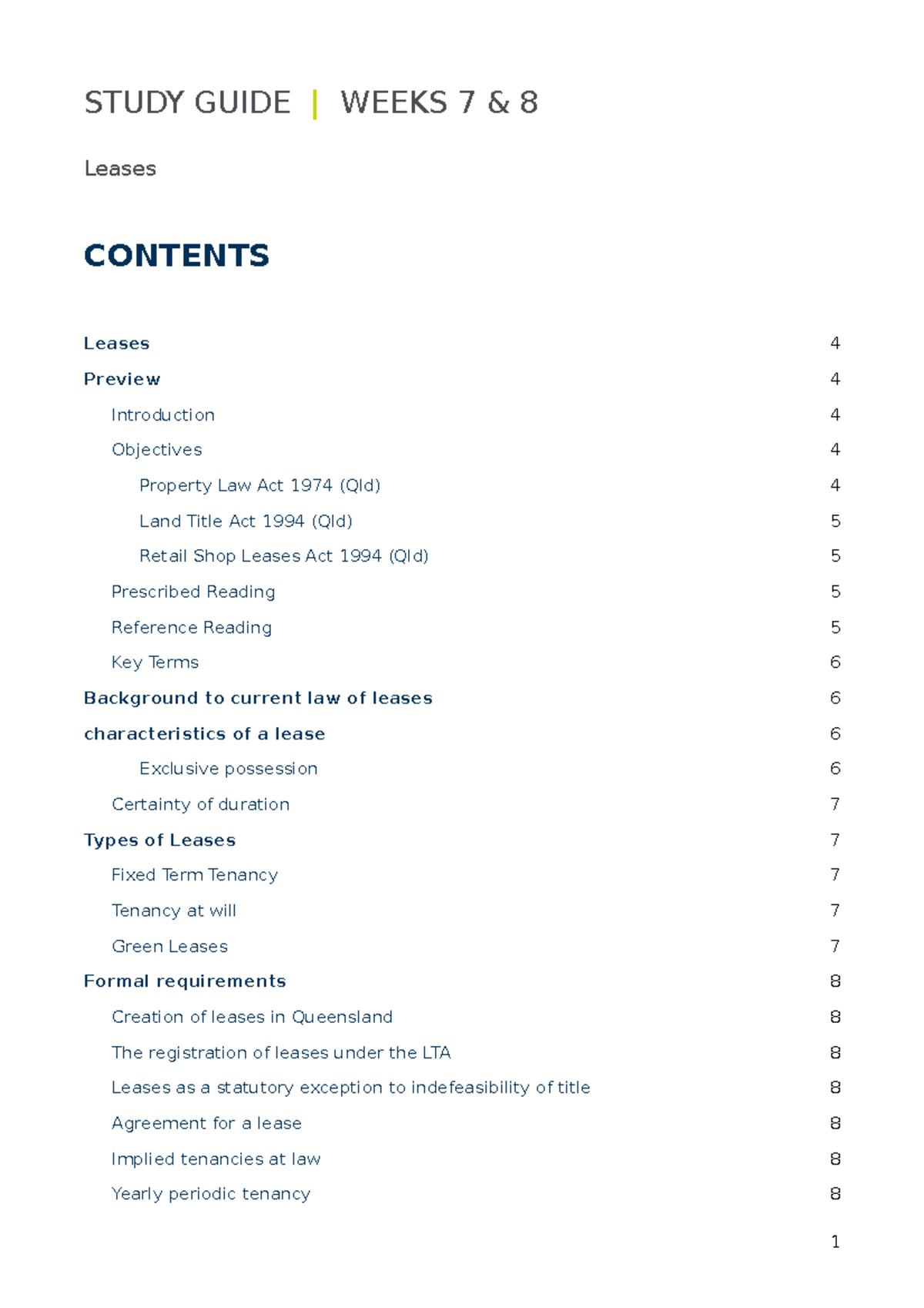 7 and 8 LAWS12066 07 08 2022 Leases v1 - Leases STUDY GUIDE | WEEKS 7 ...