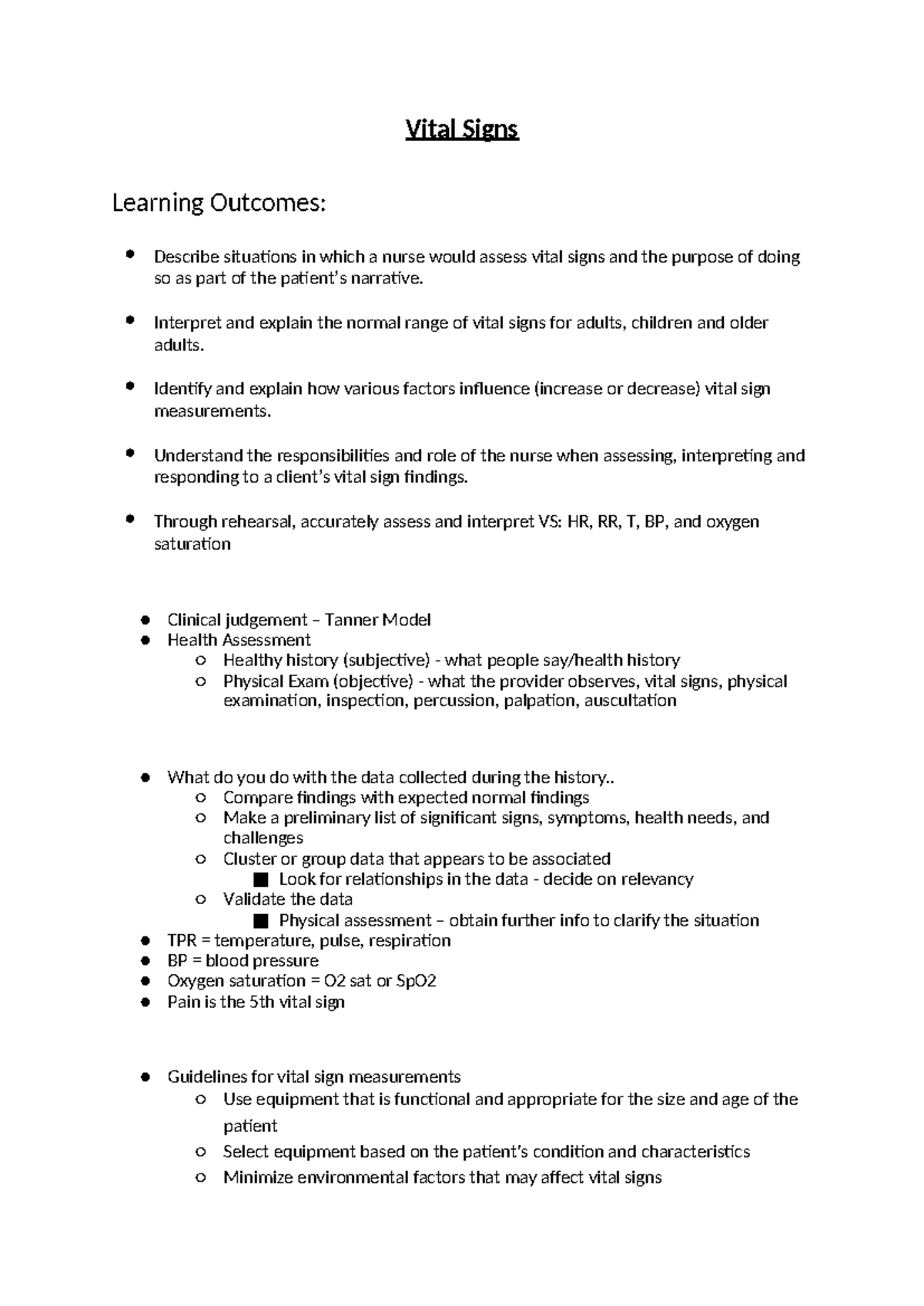 Vital Signs - week 8 - lecture notes - Vital Signs Learning Outcomes ...