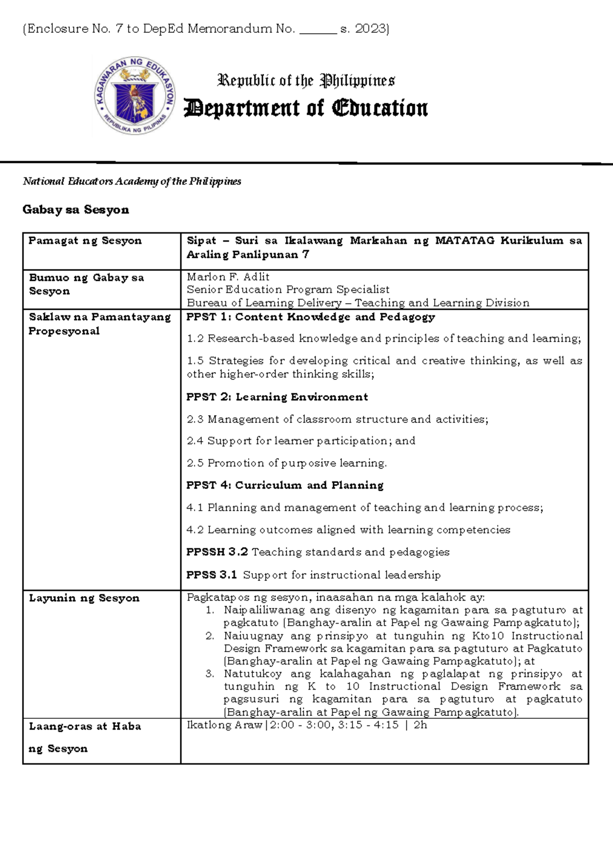 SG Aral Pan 7 2024-2025 - Republic of the Philippines Department of ...