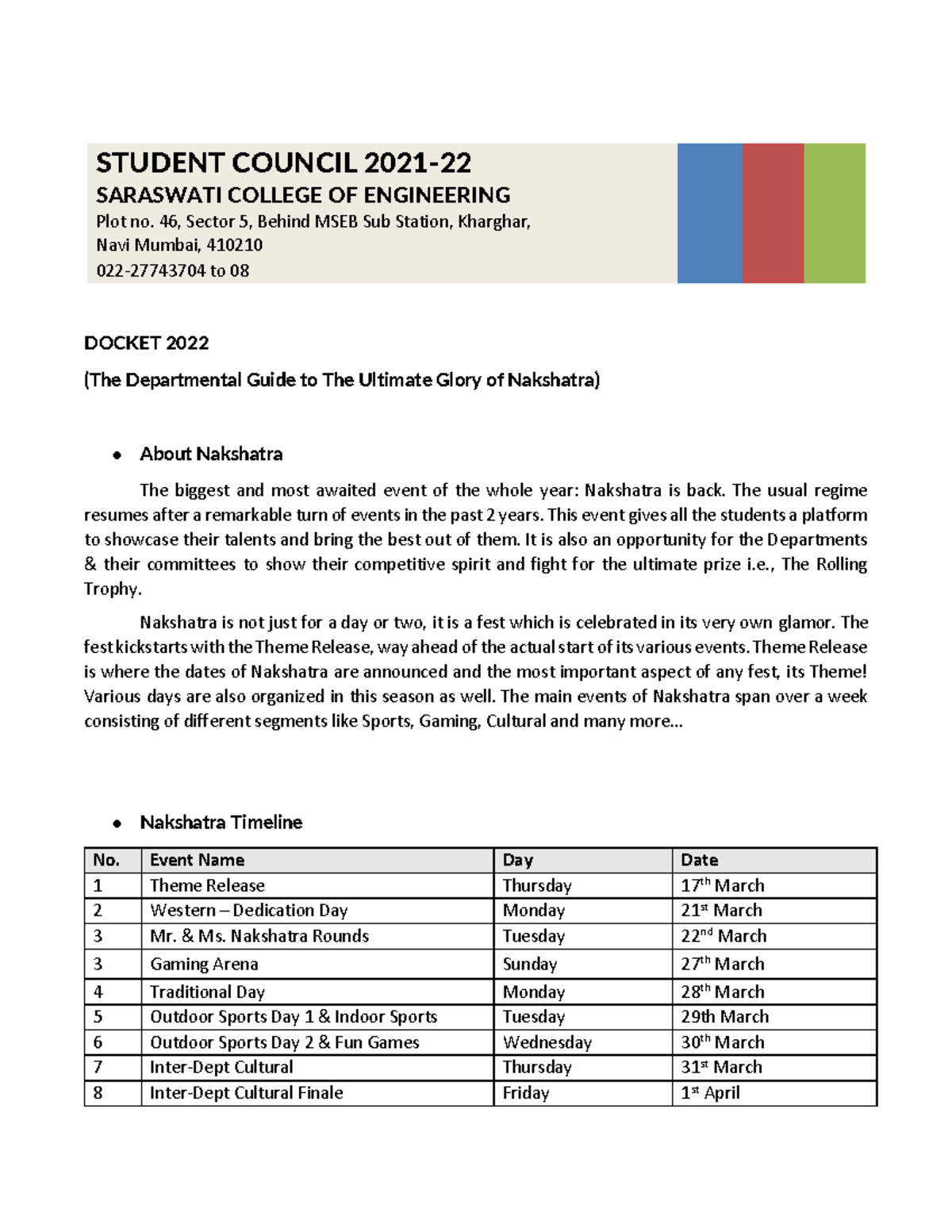 Nakshatra Docket 2022 - STUDENT COUNCIL 2021- 22 SARASWATI COLLEGE OF ...