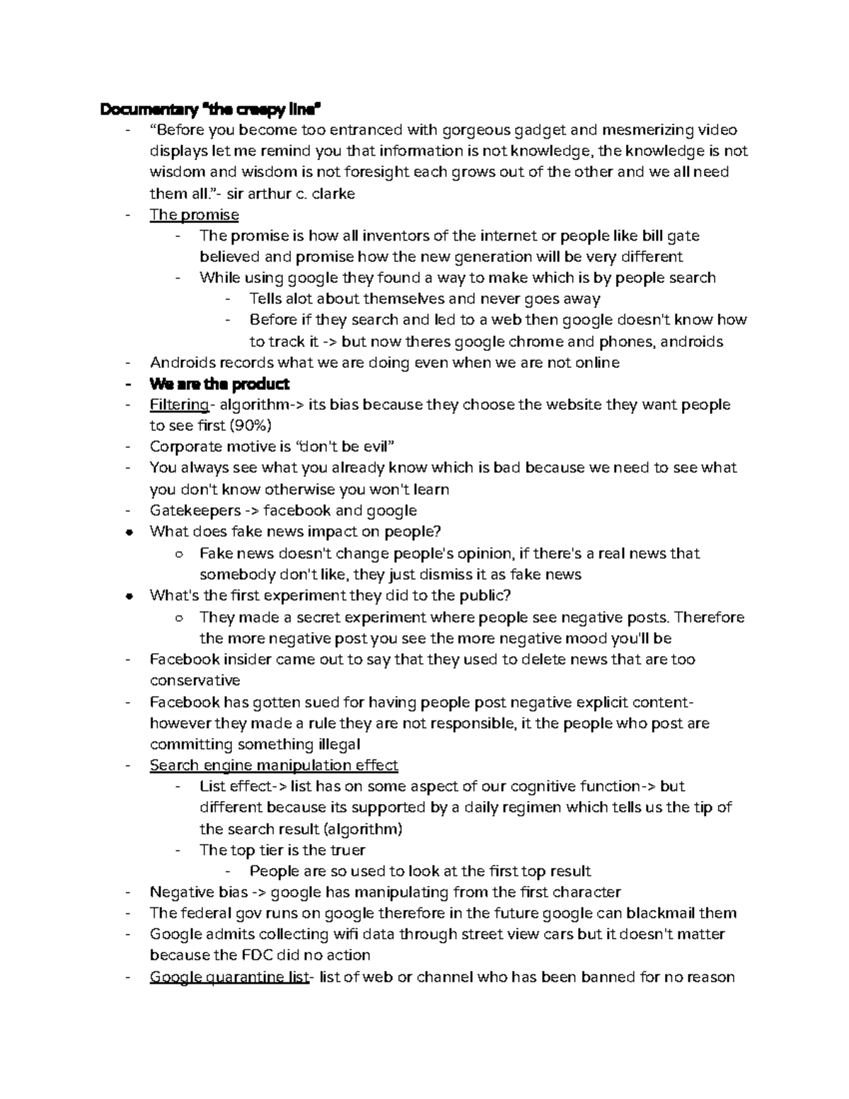 Social problems Final review sheet - Documentary “the creepy line ...