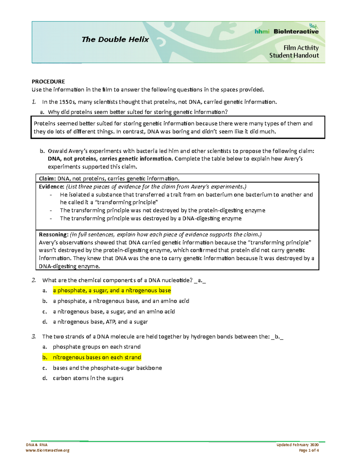 DNA Double Helix Discovery - PROCEDURE Use the information in the film ...