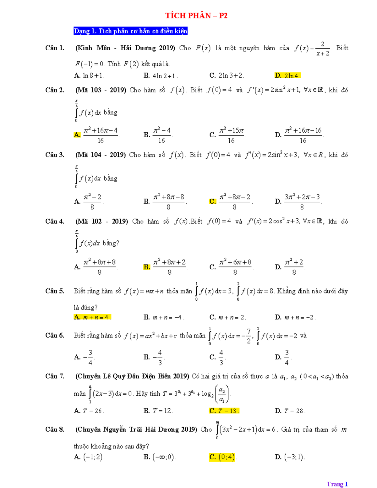 TÍCH PHÂN -P2 - tích phân - TÍCH PHÂN – P Dạng 1. Tích phân cơ bản có ...