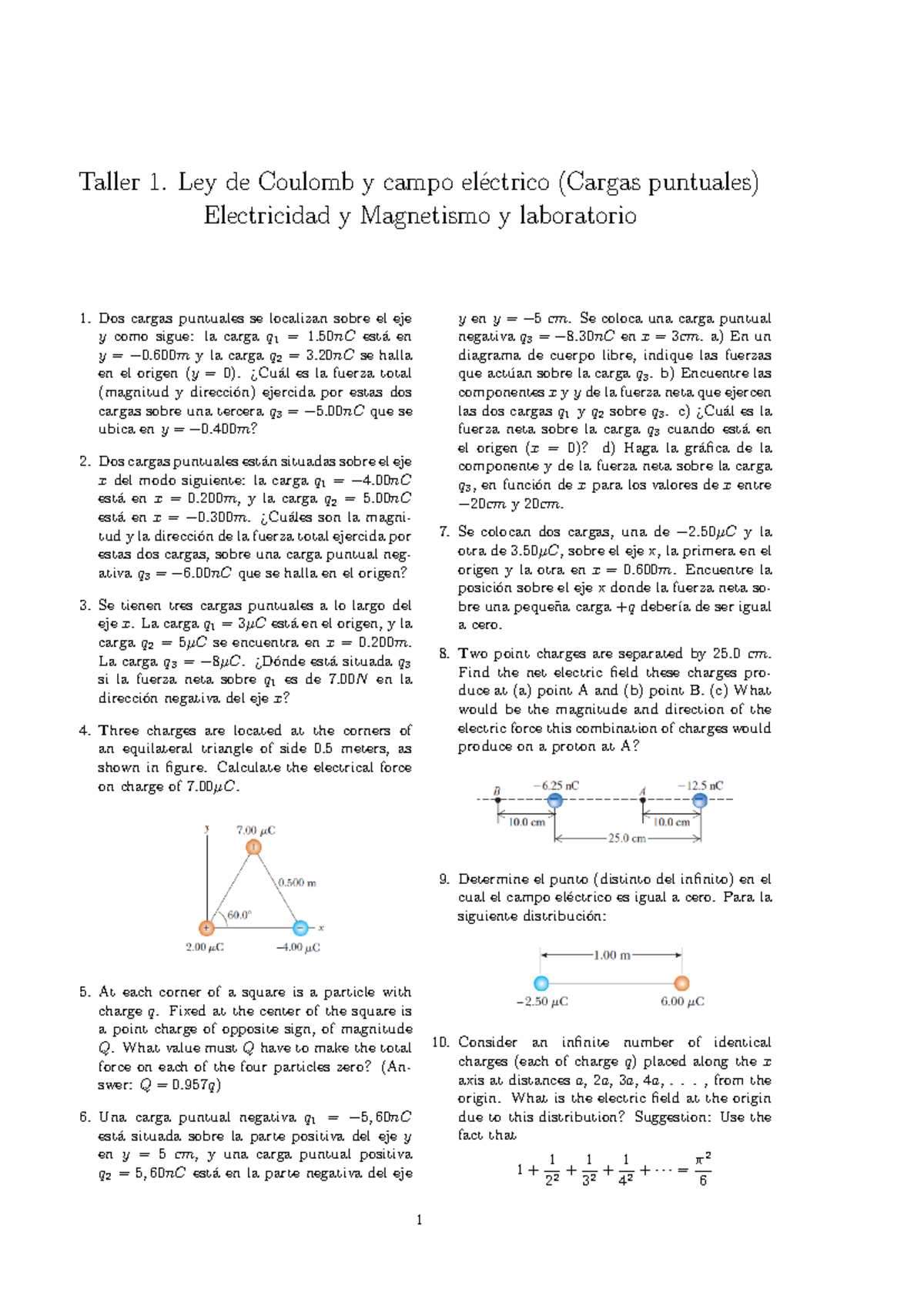 Taller 1 Leyde Coulomb - Taller 1. Ley de Coulomb y campo el ́ectrico ...