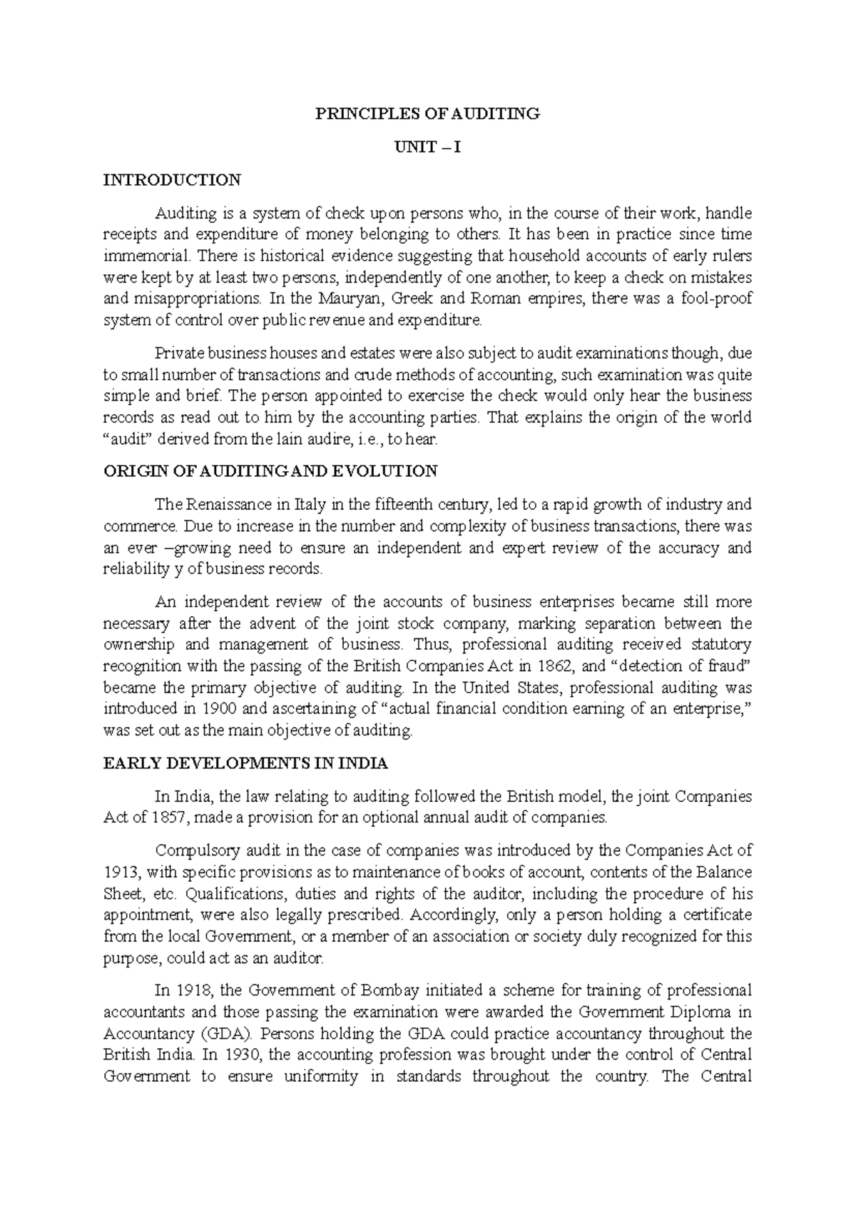 Auditing UNIT 1 - Notes - PRINCIPLES OF AUDITING UNIT – I INTRODUCTION ...