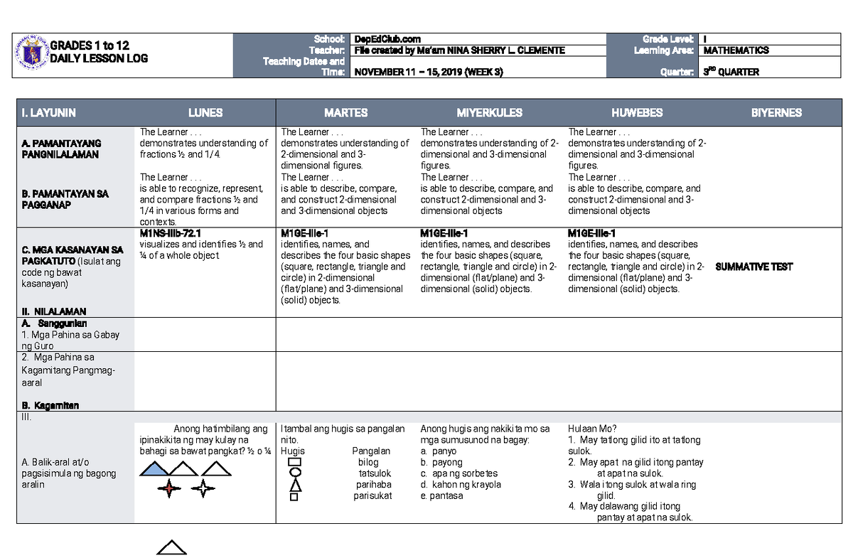 DLL Mathematics 1 Q3 W3 - Iehejw - GRADES 1 to 12 DAILY LESSON LOG School: DepEdClub Grade Level ...