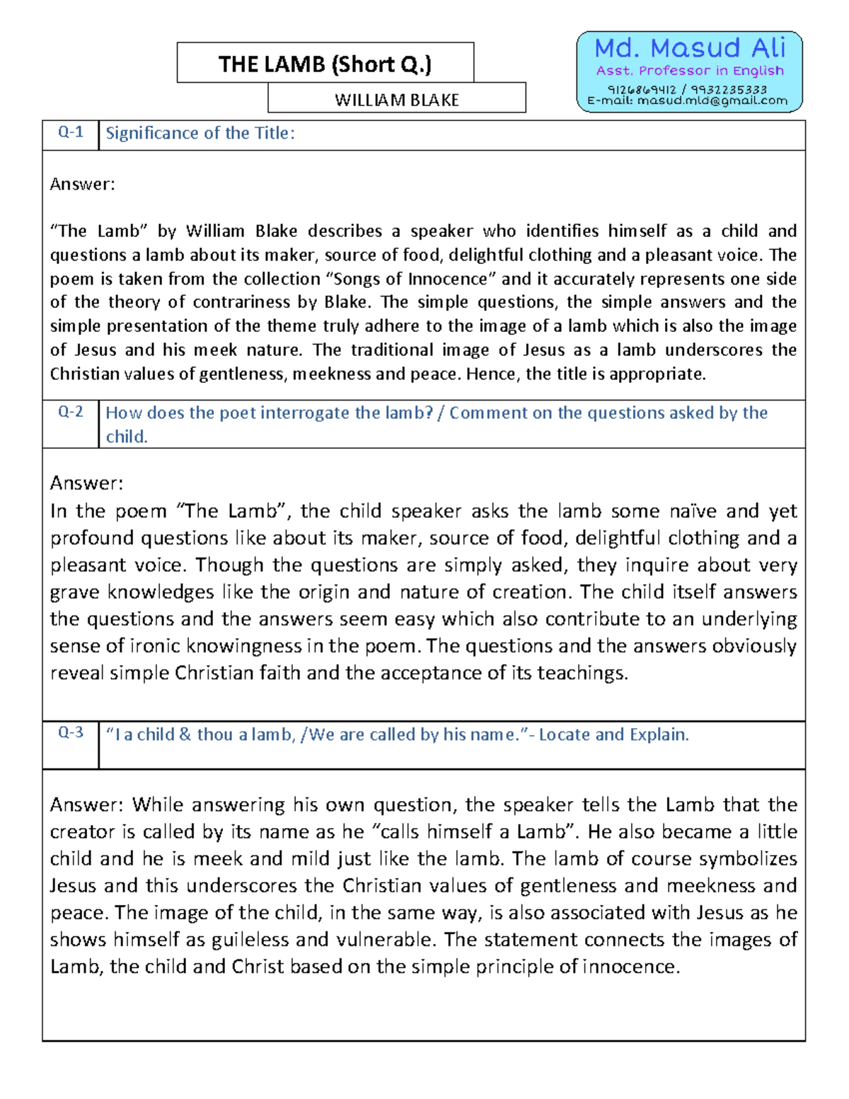 Short Questions and answers of William Blake's "The Lamb" - Q-1 ...