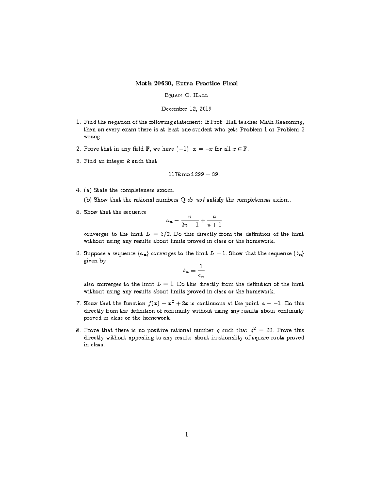 Practice Final Extra - Brian C. Hall - Math 20630, Extra Practice Final ...