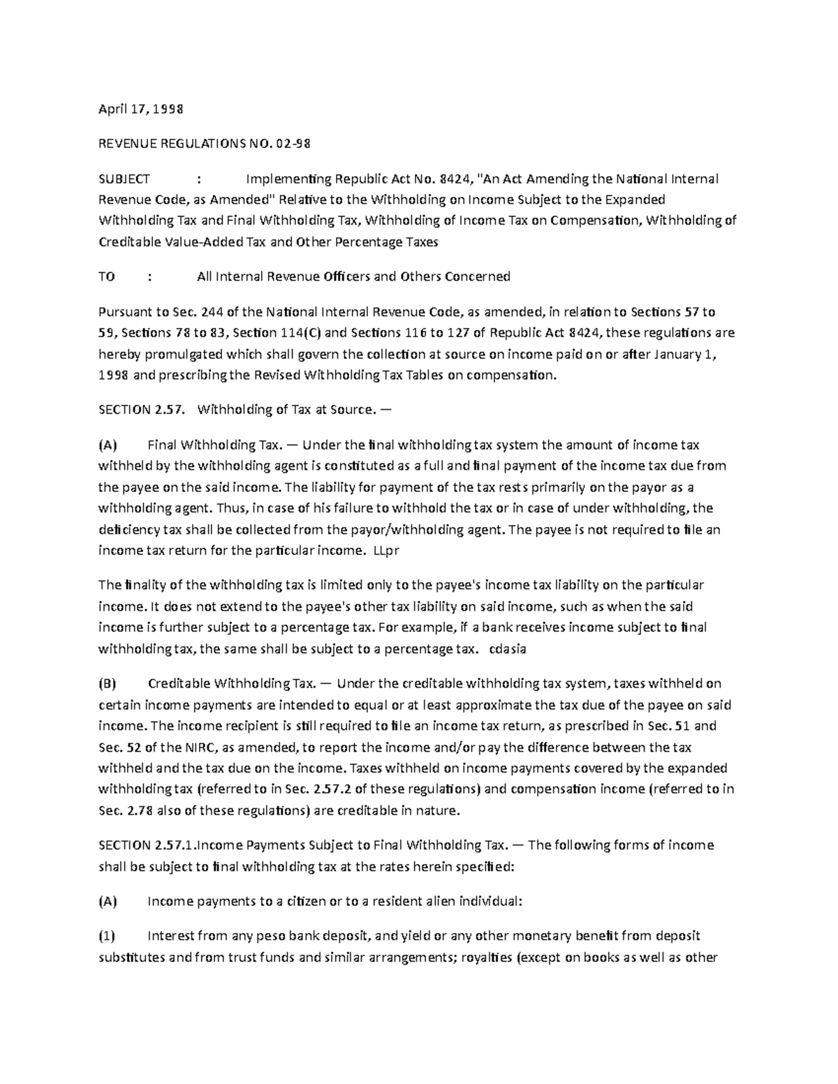 Revenue Regulations (RR) No. 2-98 old Implementing Republic Act No ...