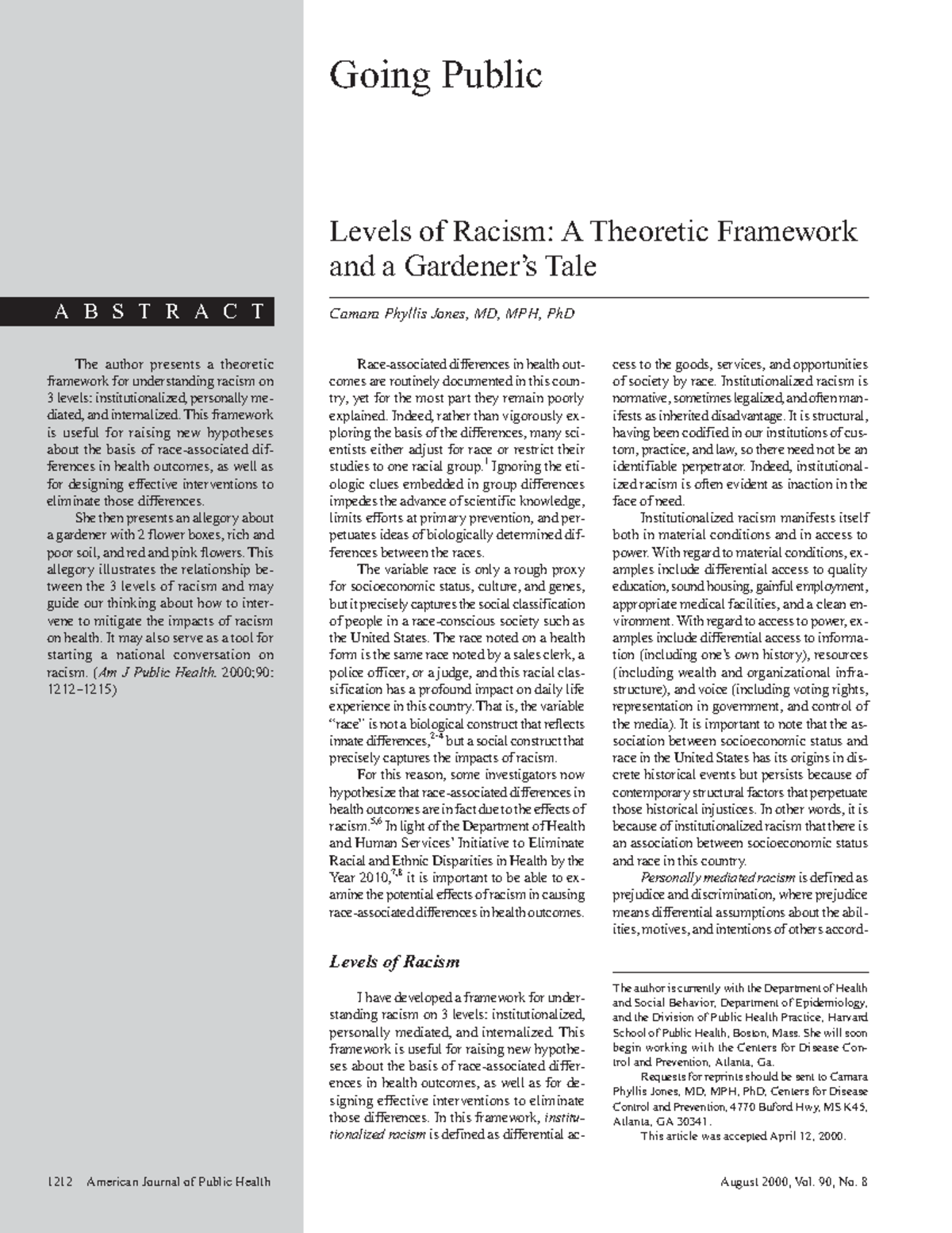 (Article) Levels of Racism Theoretic Framework and a Gardener's Tale - 1212 American Journal of ...