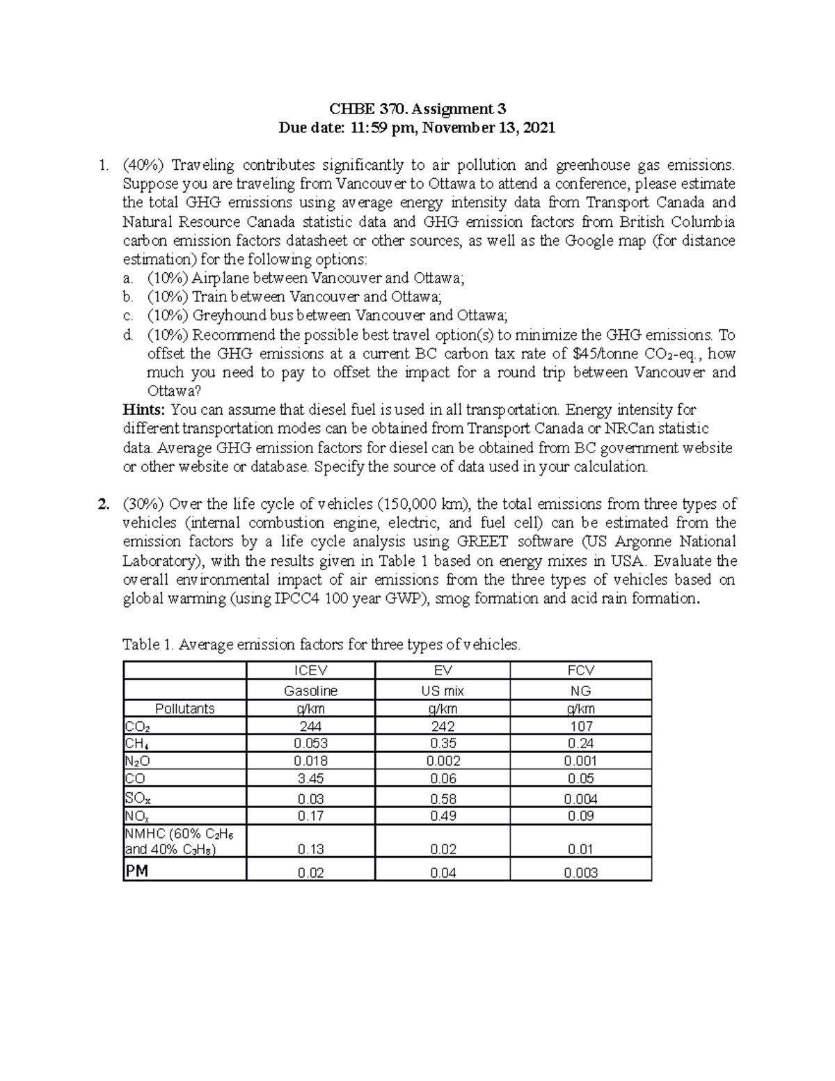 CHBE 370 - Assignment 3 - 2021 - CHBE 370. Assignment 3 Due date: 11:59 ...