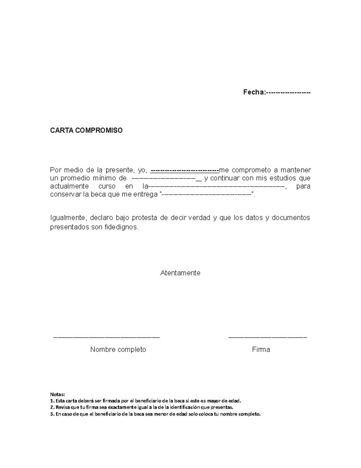 Carta compromiso - ejemplo - Fecha:- CARTA COMPROMISO Por medio de la ...