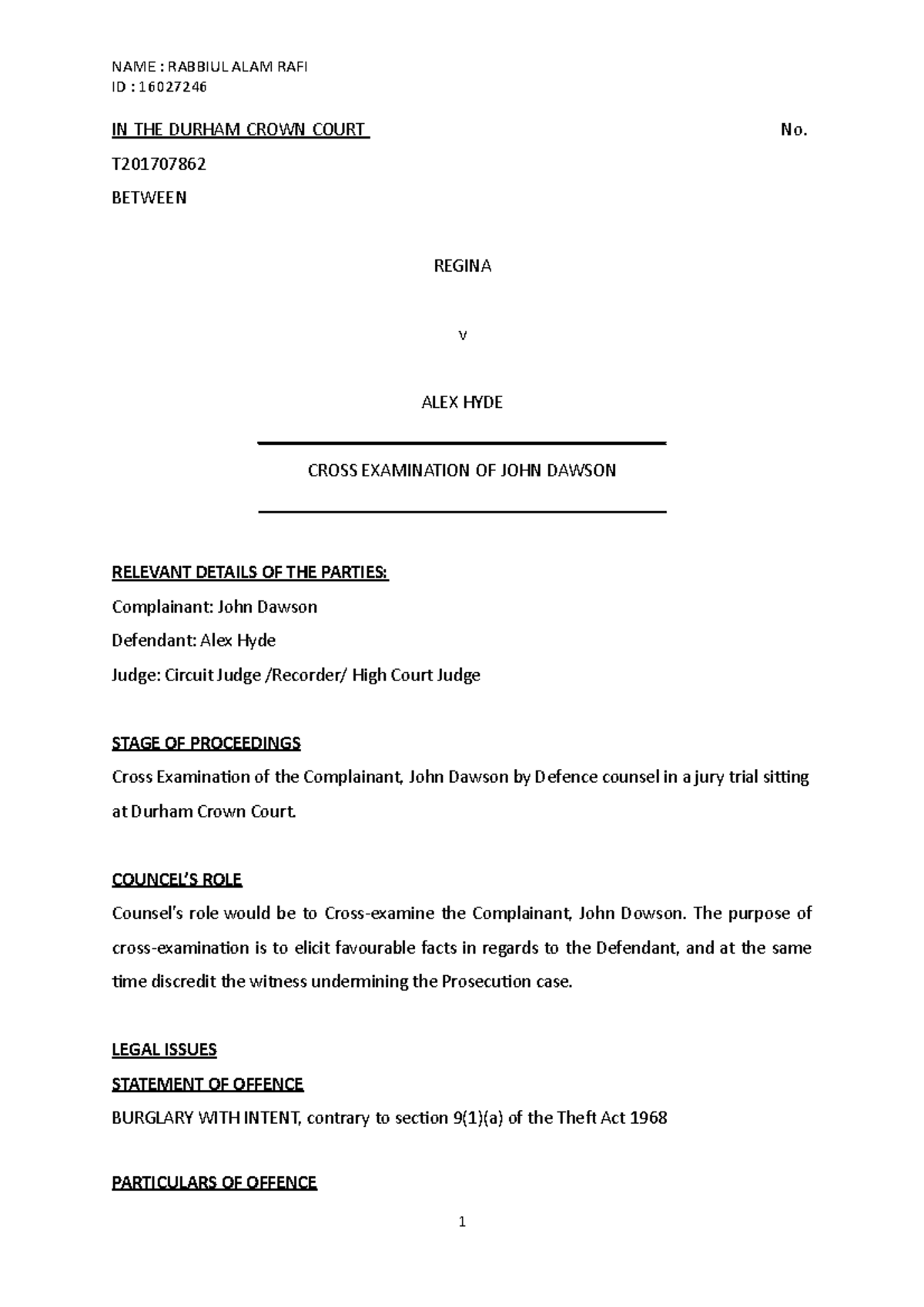 Cross Examination Skeleton Sample of Legal System and method - ID ...
