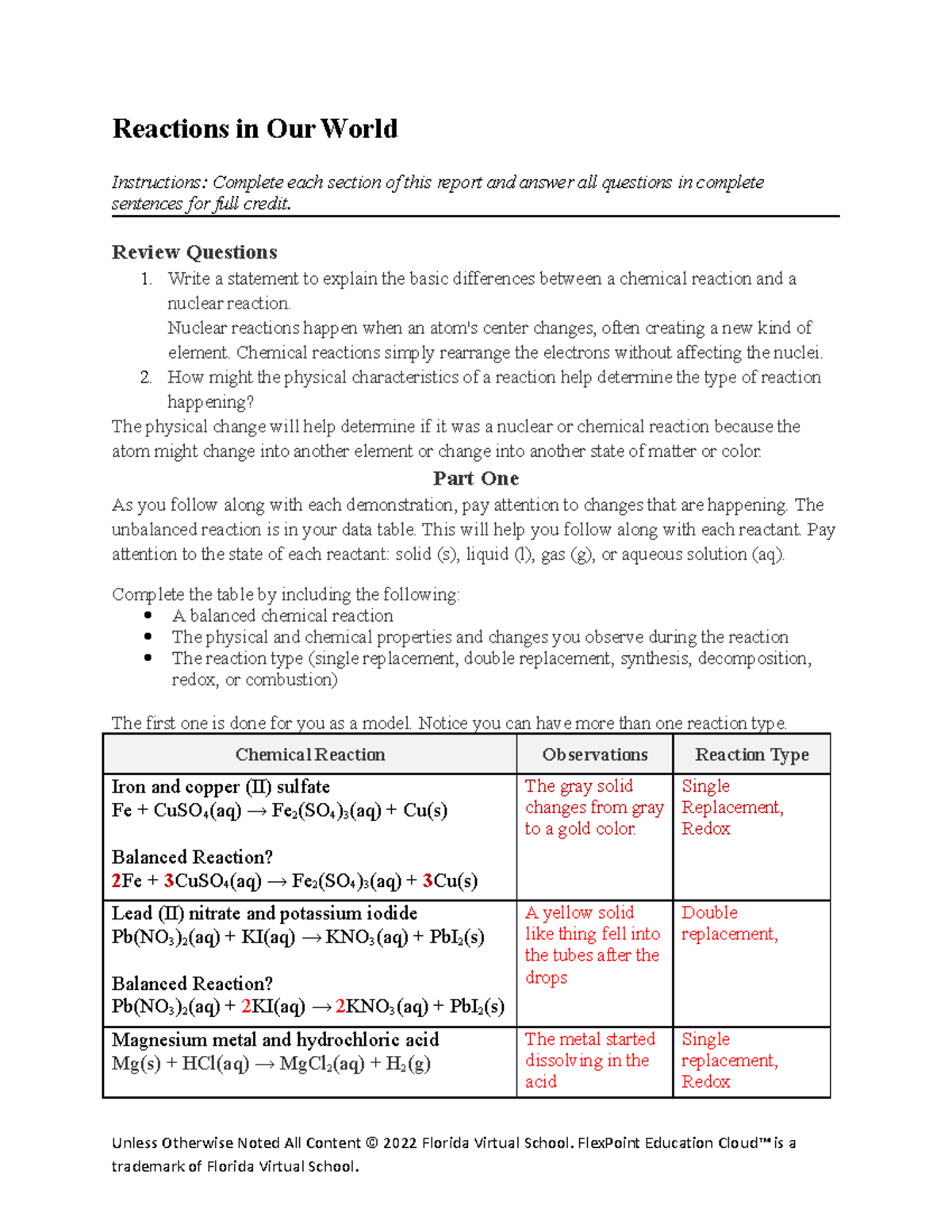 Reactions in our world report lab - Reactions in Our World Instructions ...