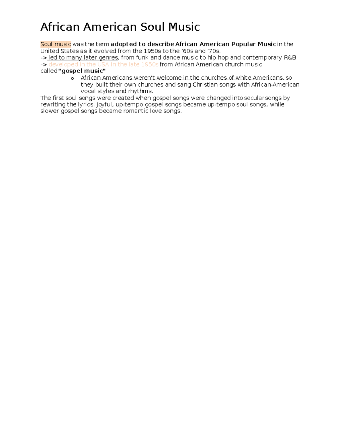 African American Soul Music -> led to many later genres , from funk and ...