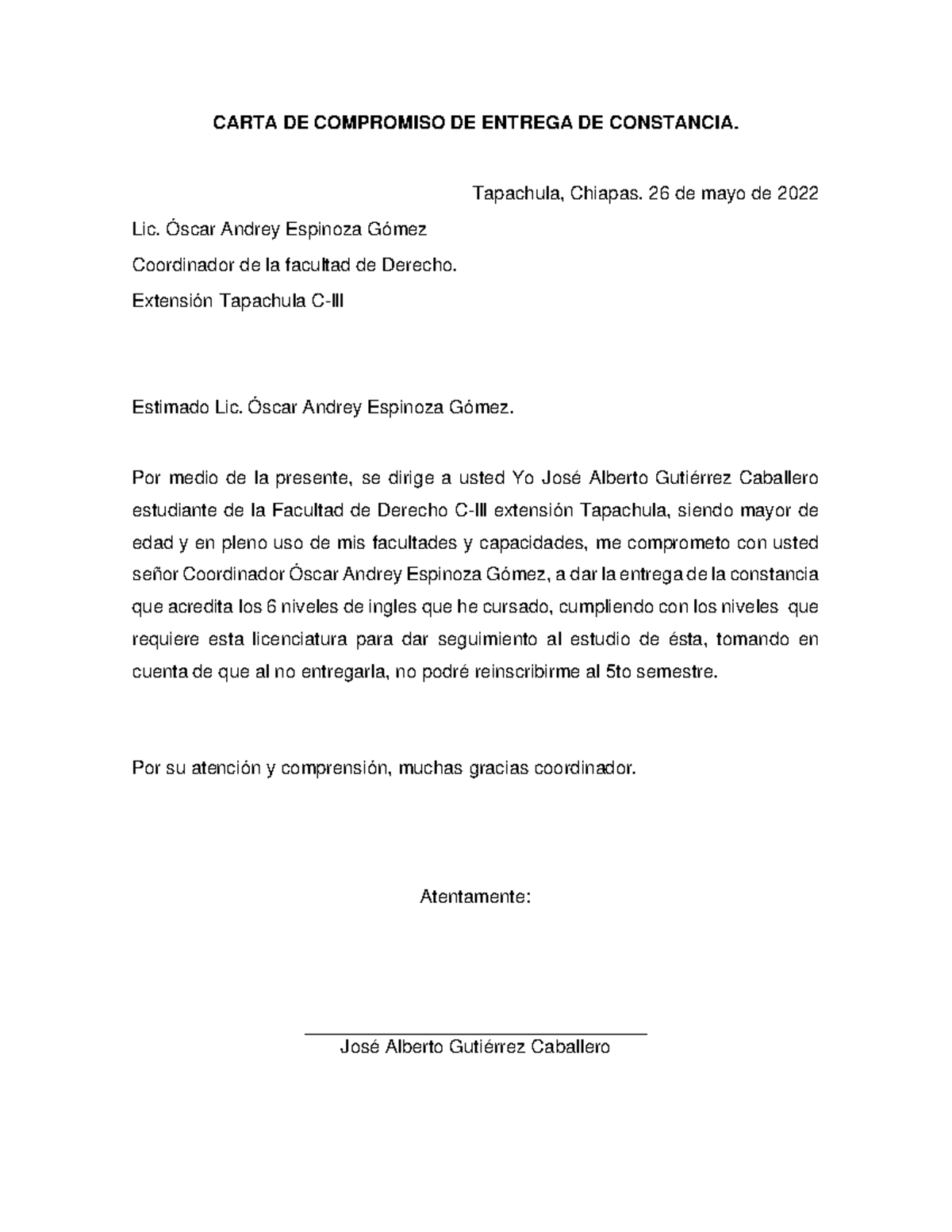 Carta DE Compromiso DE Entrega DE Constancia - CARTA DE COMPROMISO DE ...