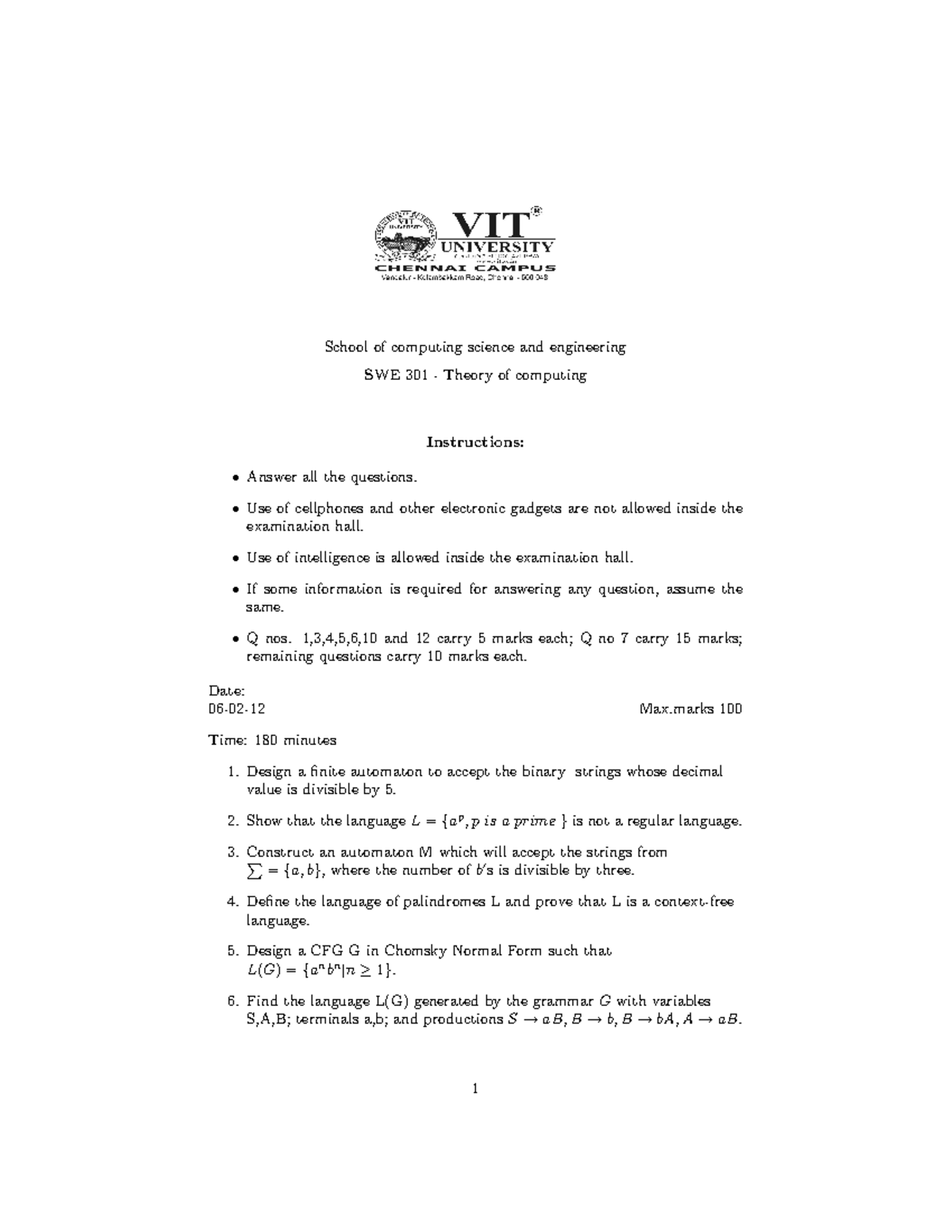 Atfl Qn paper SWE 301 - School of computing science and engineering SWE ...