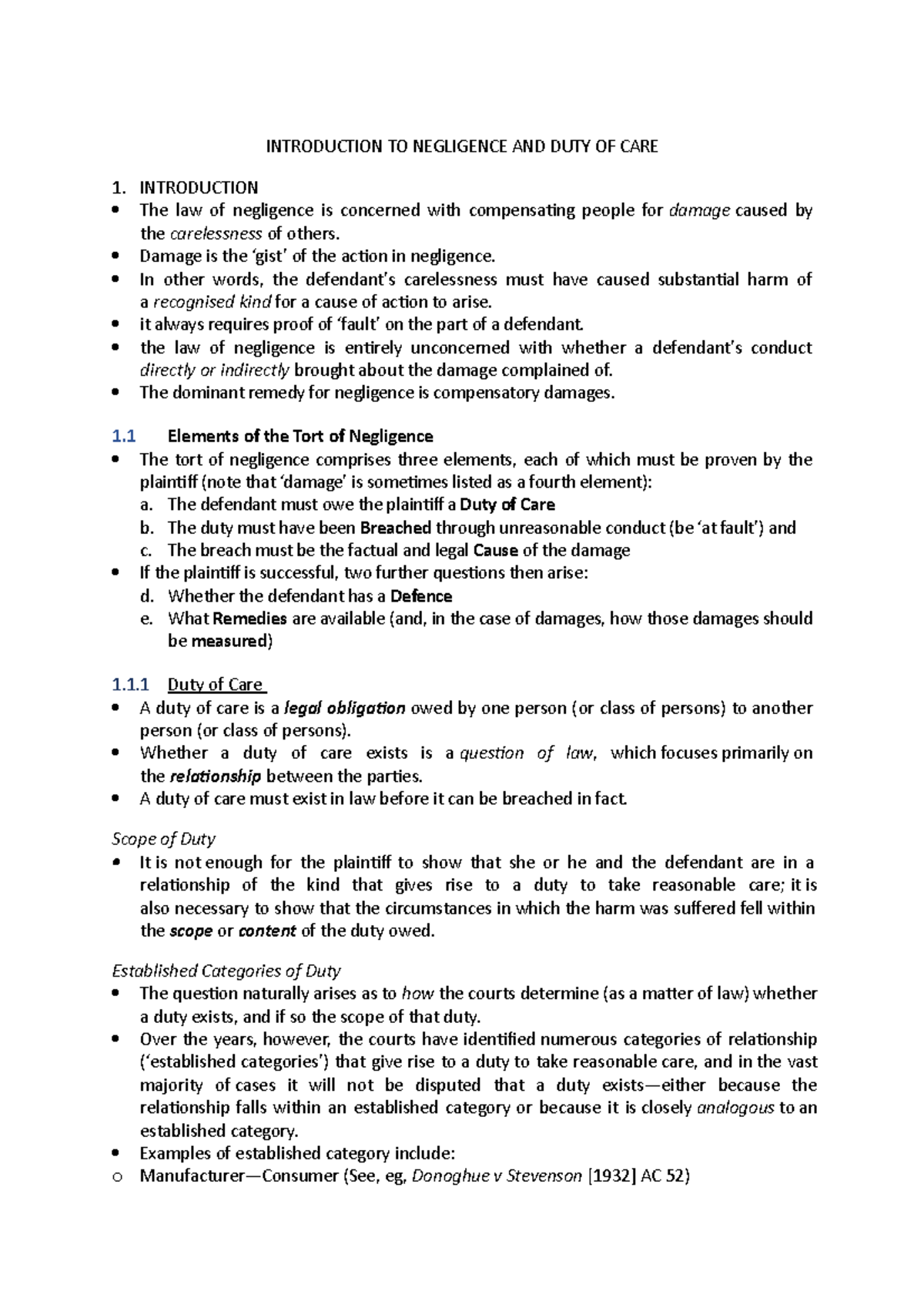 Summary of Study Guide - INTRODUCTION TO NEGLIGENCE AND DUTY OF CARE 1 ...