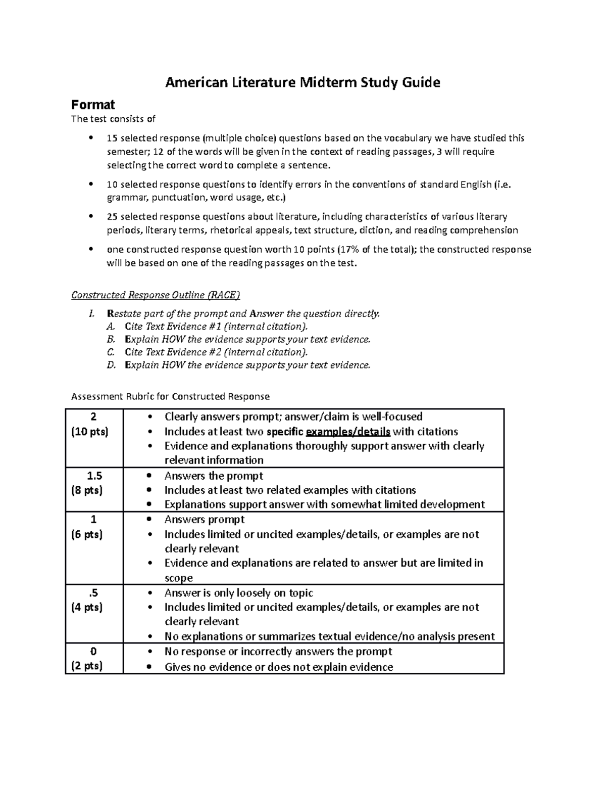 Study Guide for Midterm - American Literature Midterm Study Guide ...