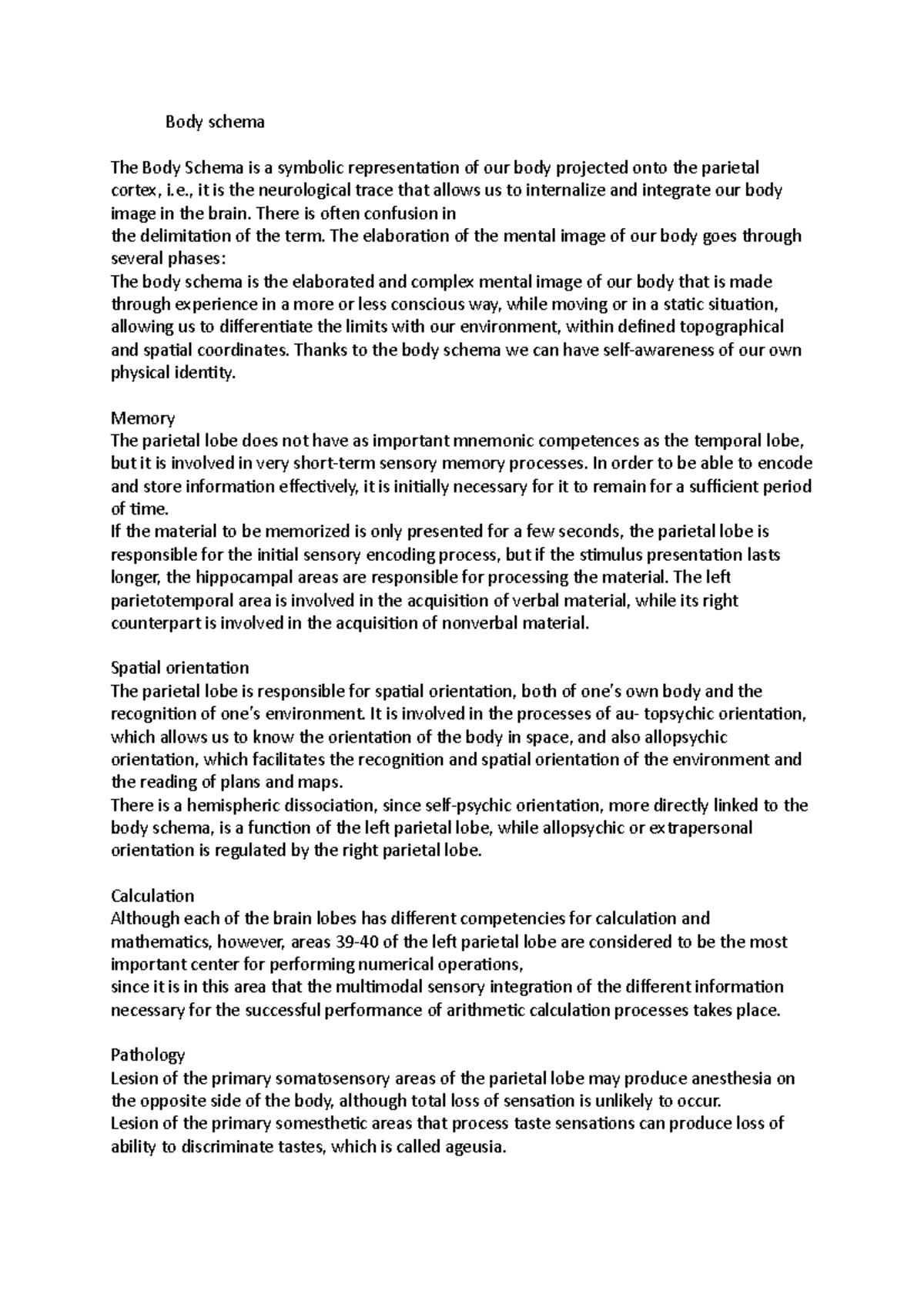 Body schema - Neuropsychology - Body schema The Body Schema is a ...