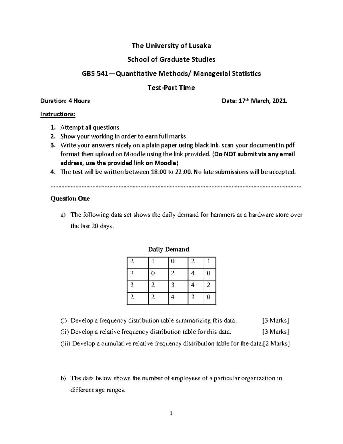 QM Test Part Time 1 - lecture tutorials - The University of Lusaka ...