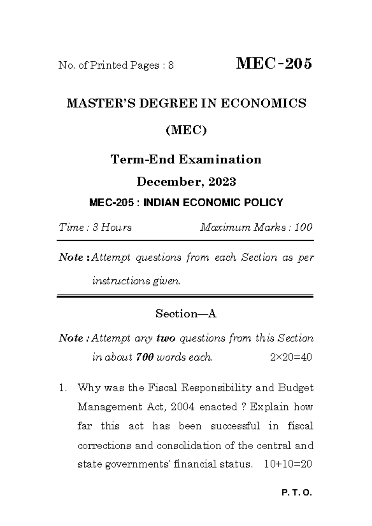 MEC-205 - MEC 205 December 2023 question paper - P. T. O. No. of Printed Pages : 8 MEC– MASTER’S ...