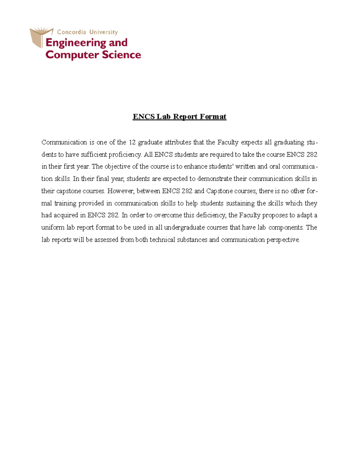 Lab Report Outline (ELEC 273) - ENCS Lab Report Format Communication is ...