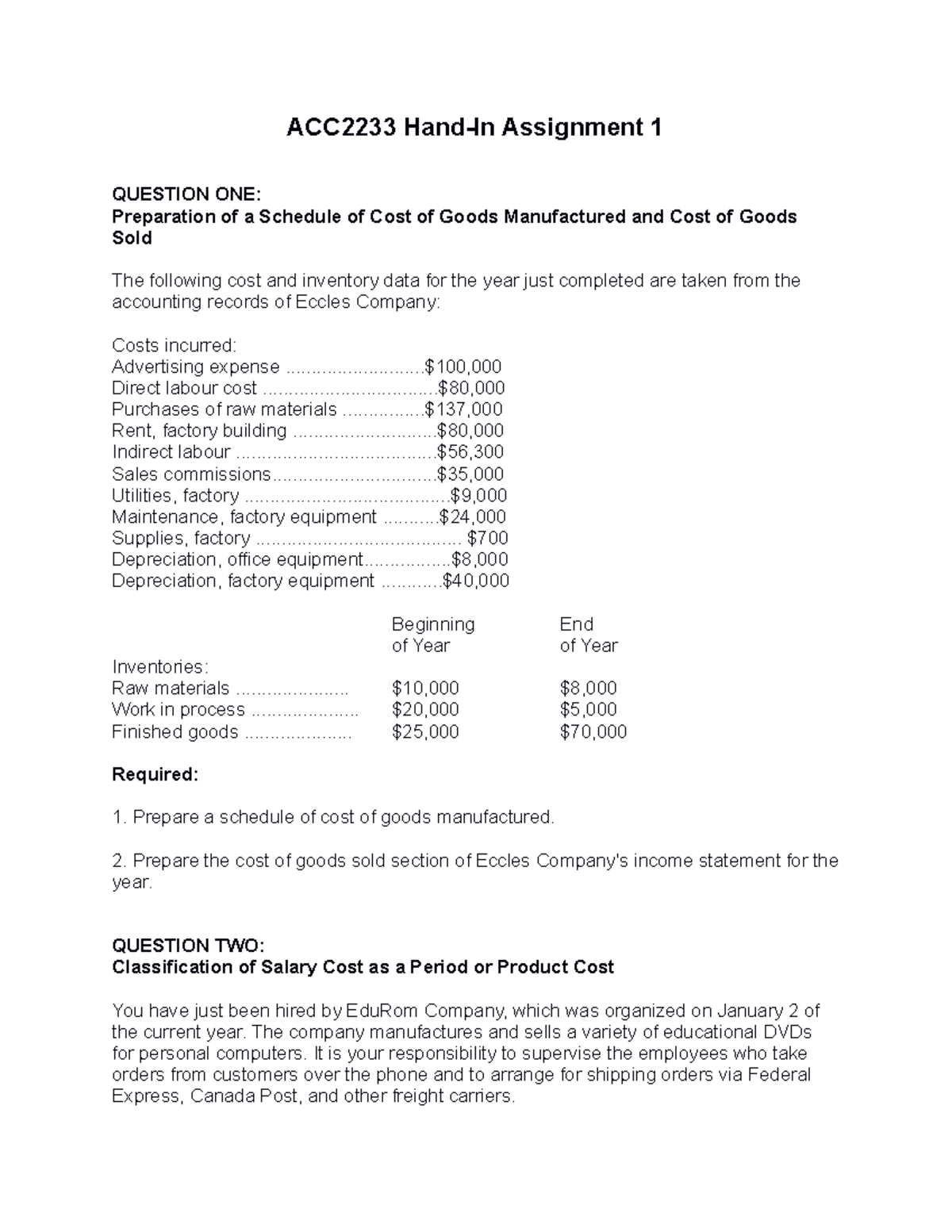 1 ACC 2233 Hand In Assignment 1 W23 - ACC2233 Hand-In Assignment 1 ...