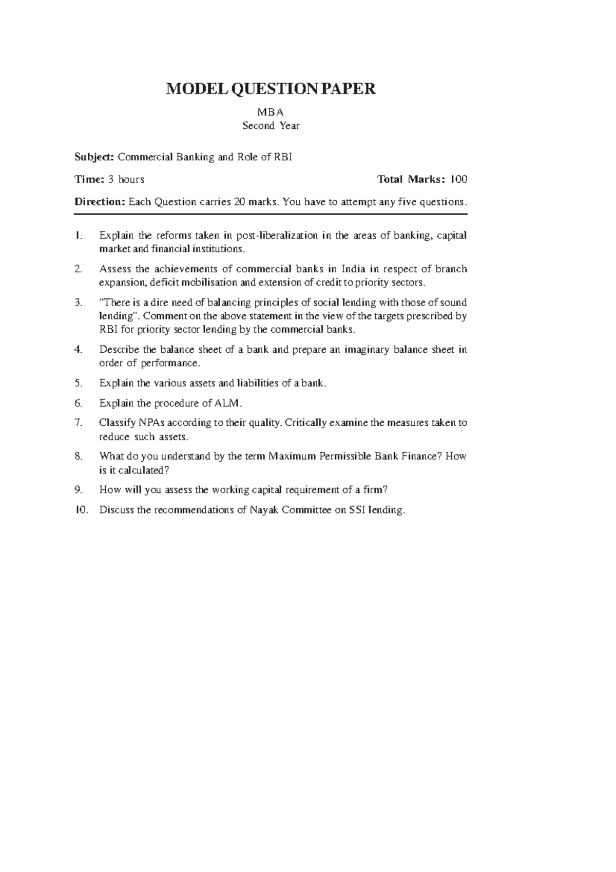 Model Question Paper of commerical banking and role of RBI - MODEL ...