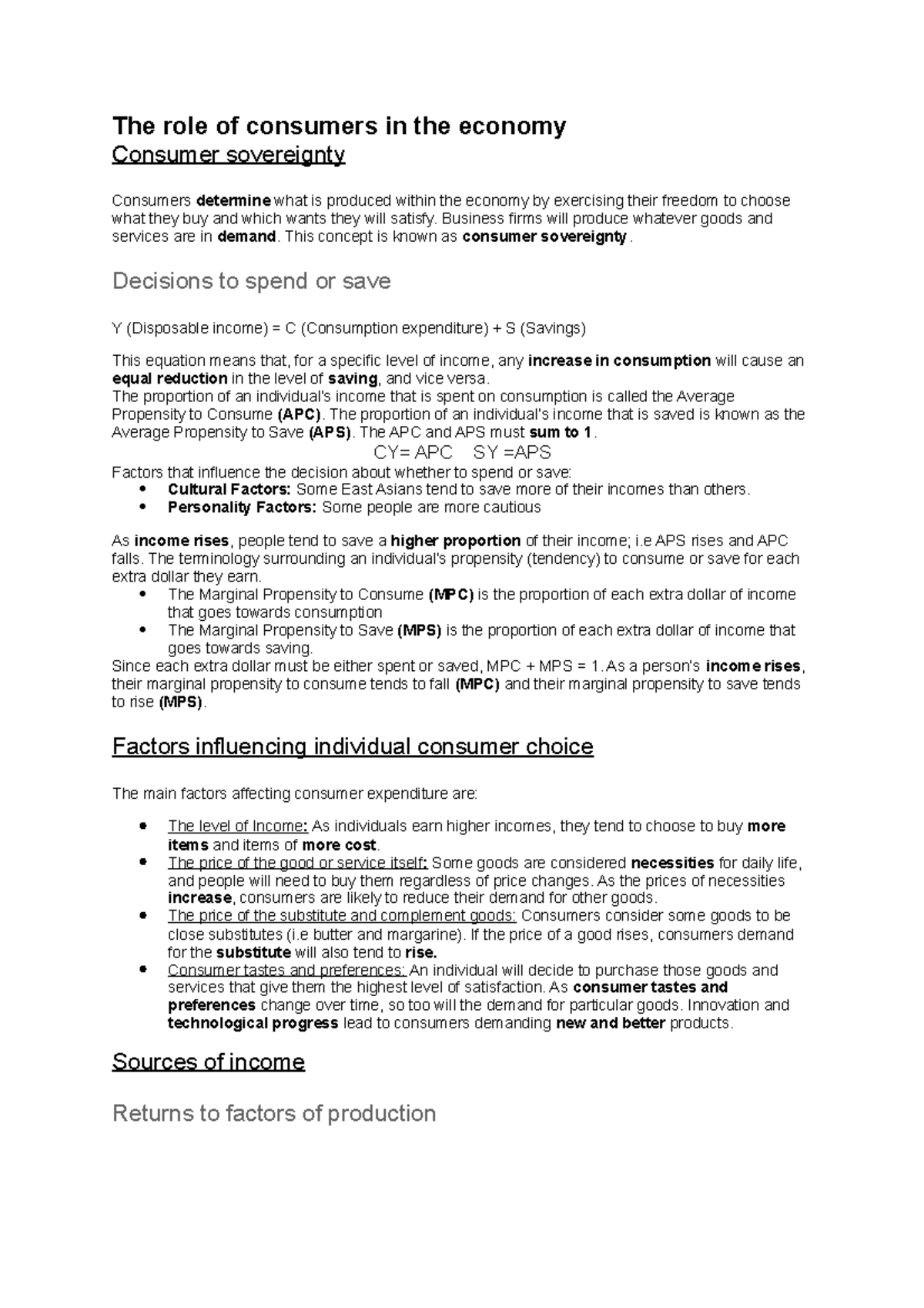 Prelim Eco Topic 2 Notes - The role of consumers in the economy ...