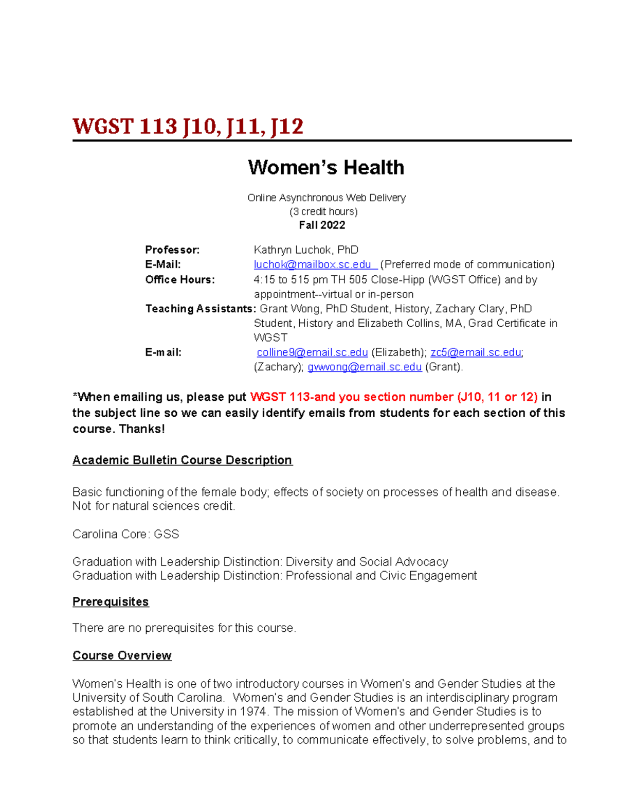 WGST 113 Online Fall 22 syllabus - WGST 113 J10, J11, J Women’s Health ...