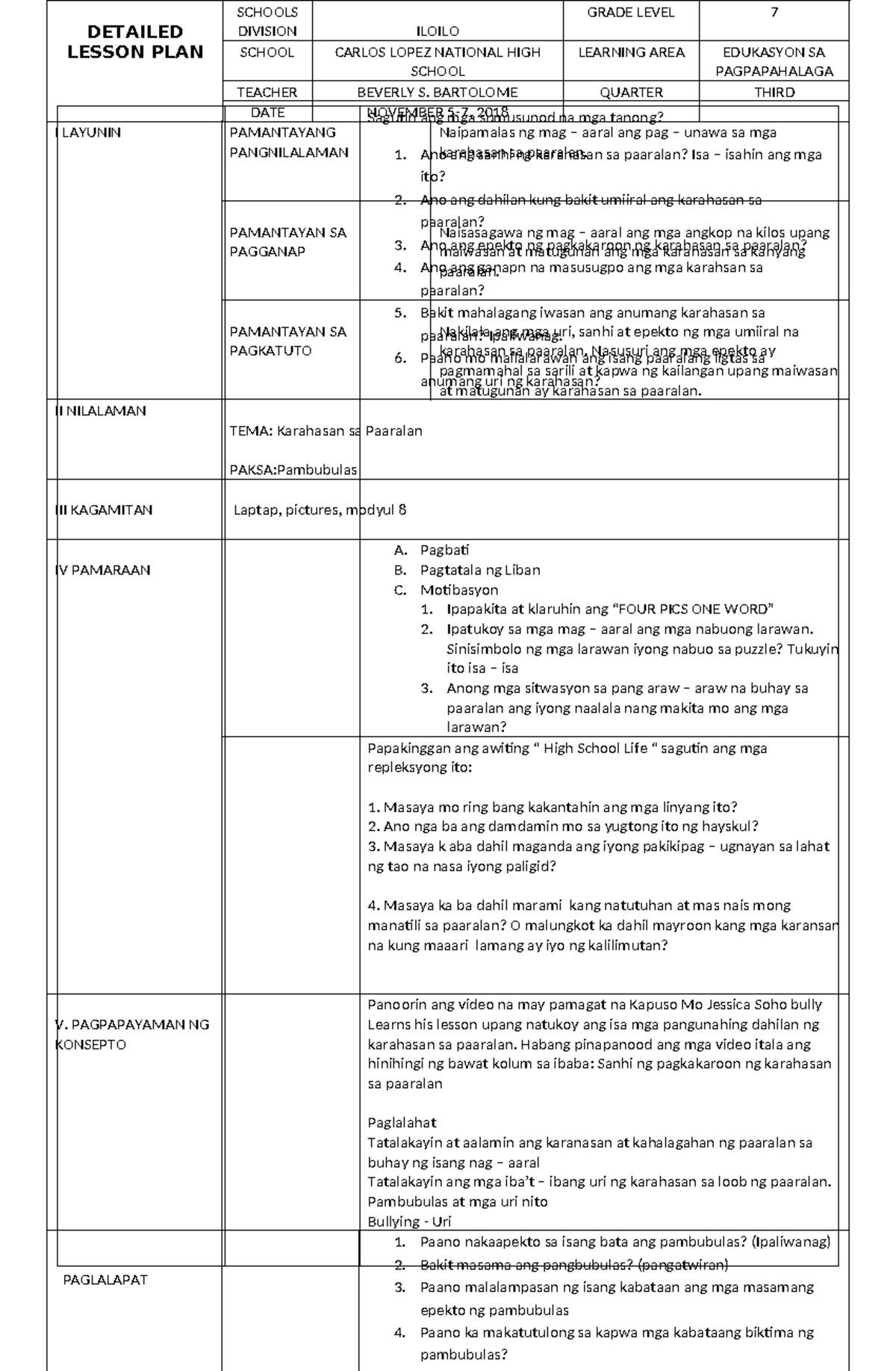 Detailed Lesson PLAN ESP 8 - Sagutin ang mga sumusunod na mga tanong? 1 ...