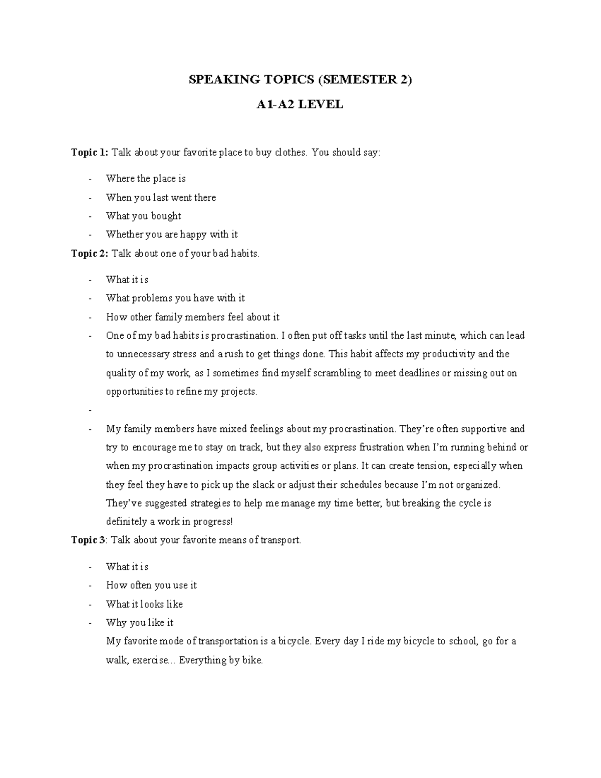 A1-A2 Speaking Topics. English 2 - SPEAKING TOPICS (SEMESTER 2) A1-A2 ...