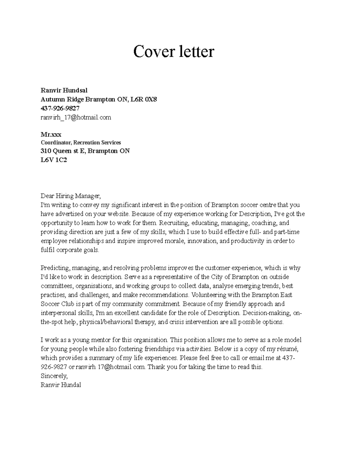 Culminting task - This is the culminating task. - Cover letter Ranvir ...