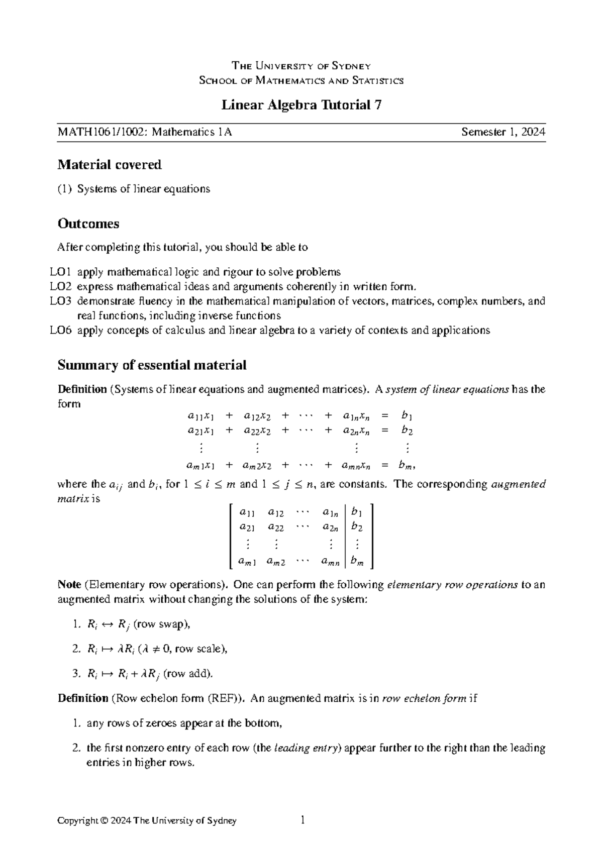 Linear algebra tutorial 7 - The University of Sydney School of ...