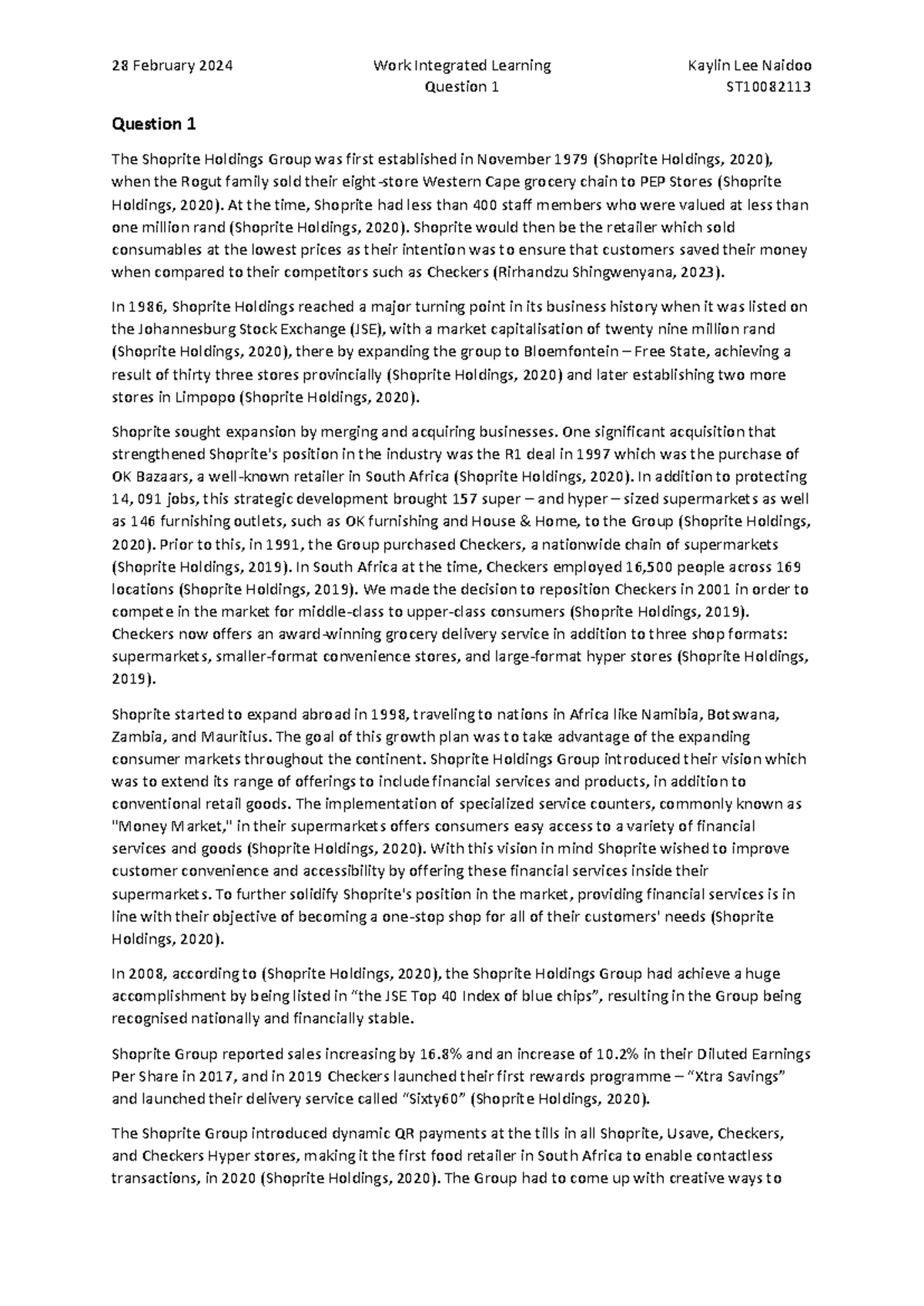 Question 1 - 28 February 2024 Work Integrated Learning Kaylin Lee ...