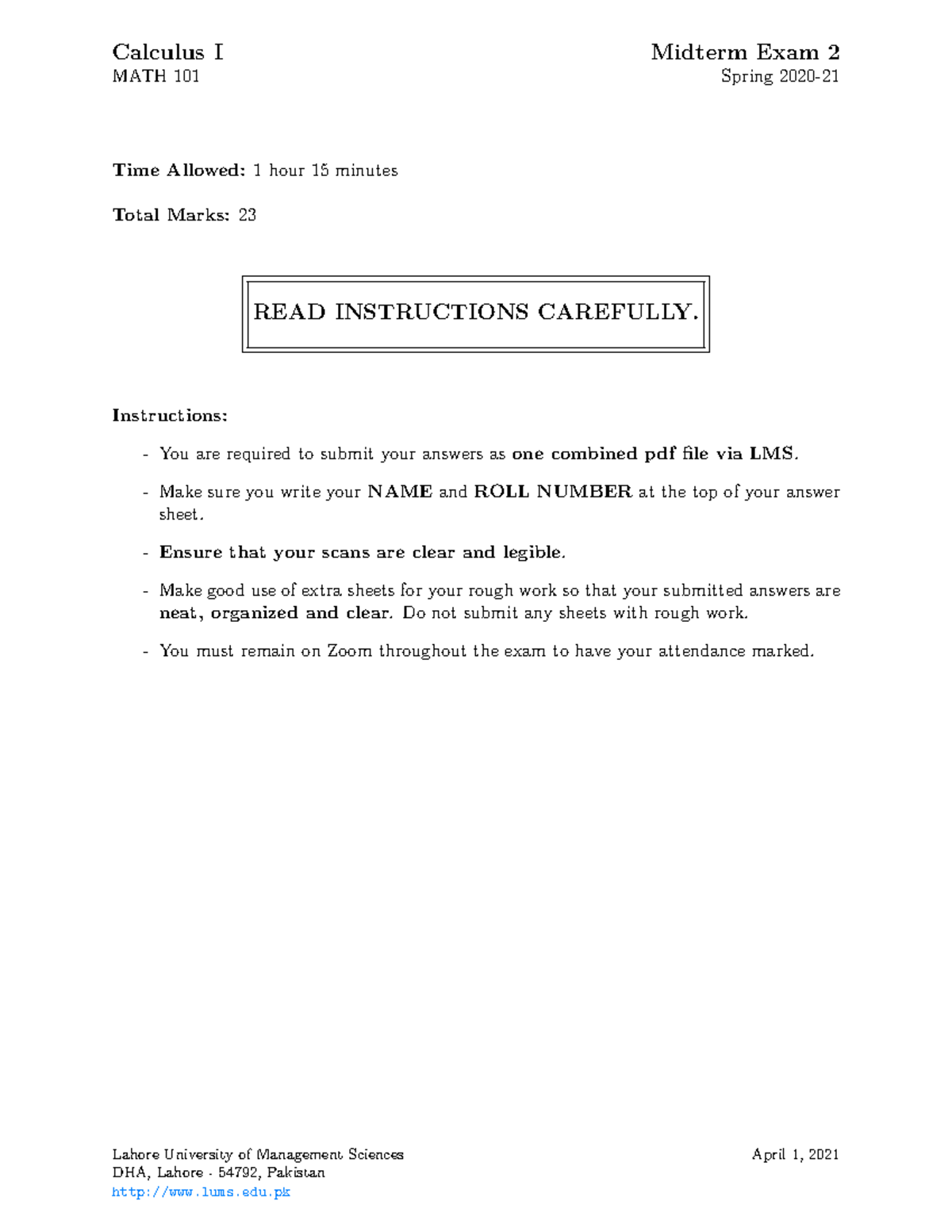 Mid2 Spring 21 - econ practice test - Calculus I MATH 101 Midterm Exam ...